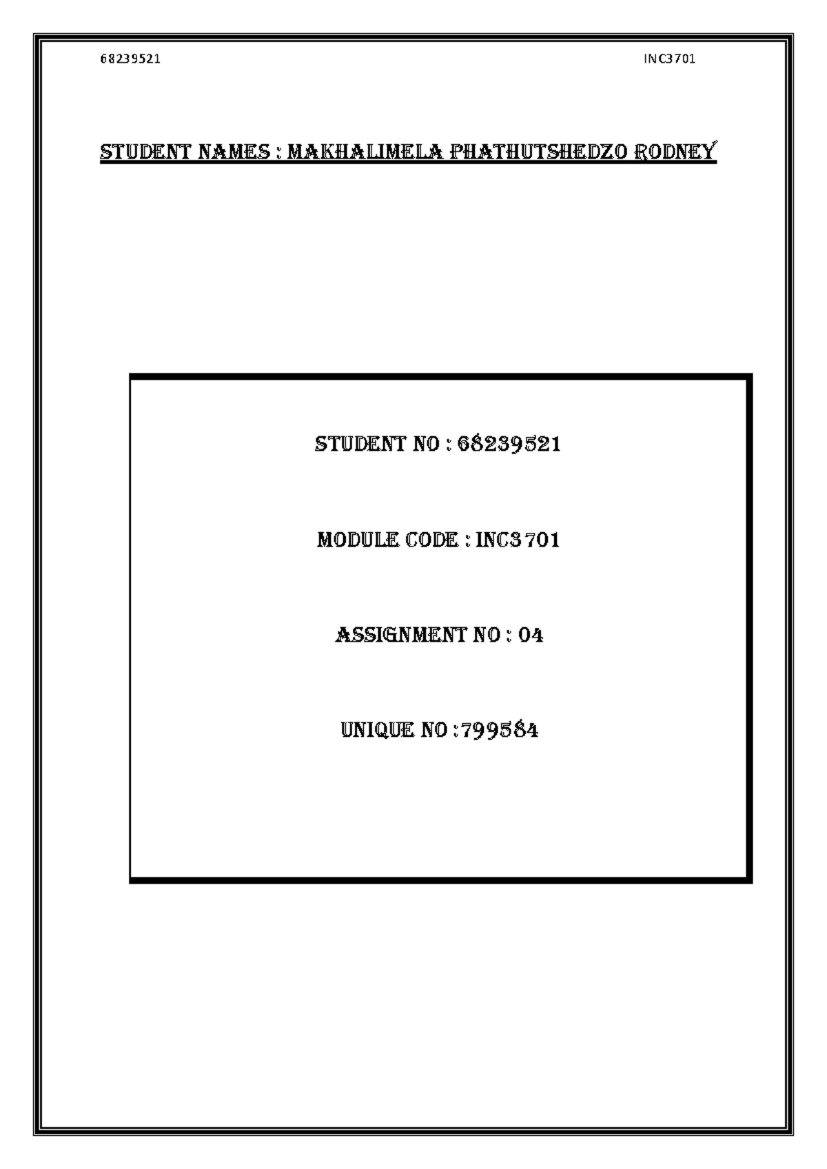 68239521 INC3701 Assign 04 - STUDENT NAMES : MAKHALIMELA PHATHUTSHEDZO RODNEY STUDENT NO ...