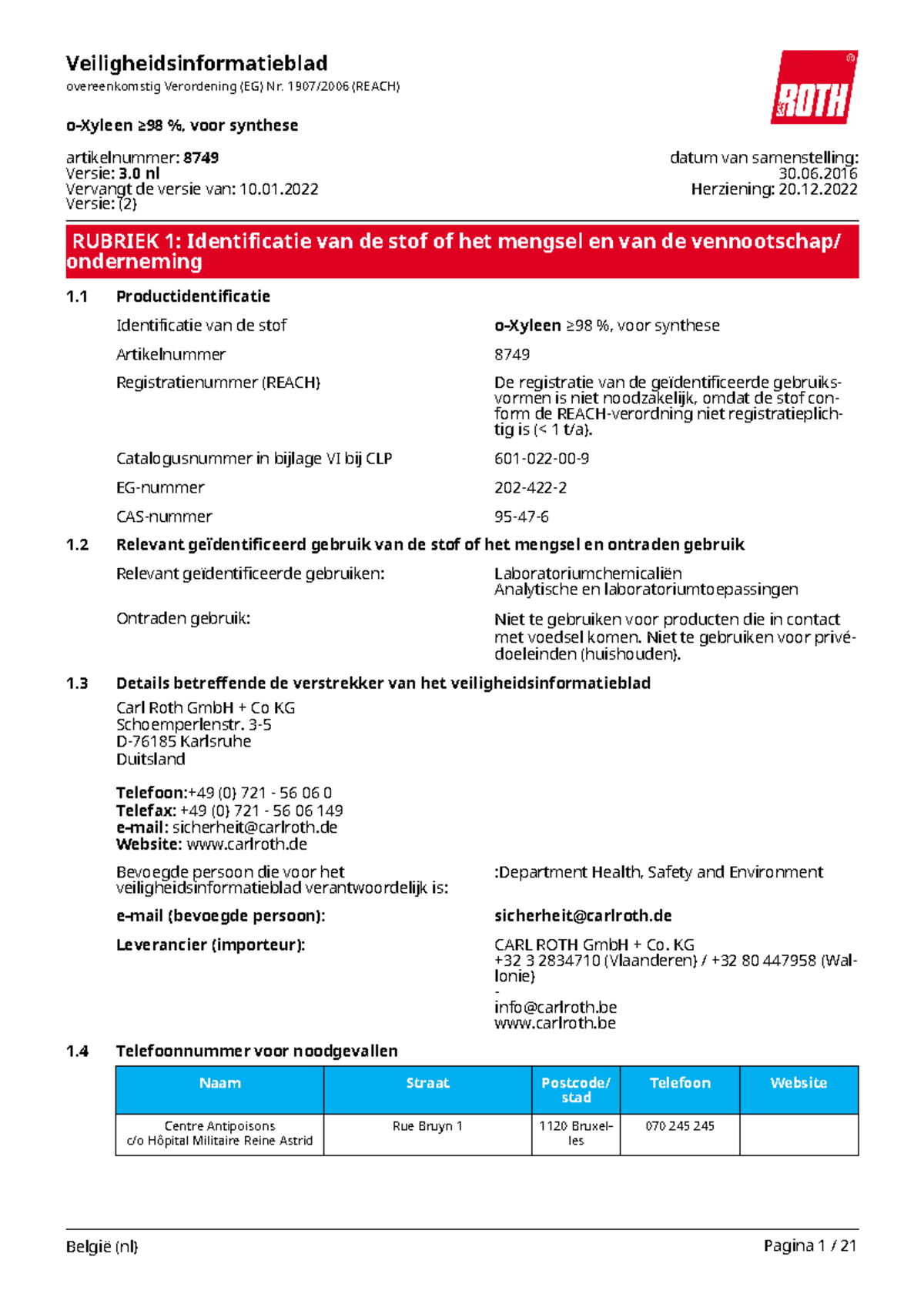 MSDS O-Xyleen - .... - RUBRIEK 1: Identificatie van de stof of het ...