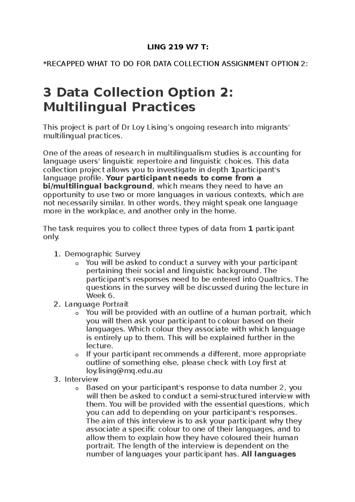 LING 219 W7 T - Summary of tutorial - LING 219 W7 T: *RECAPPED WHAT TO DO FOR DATA COLLECTION ...