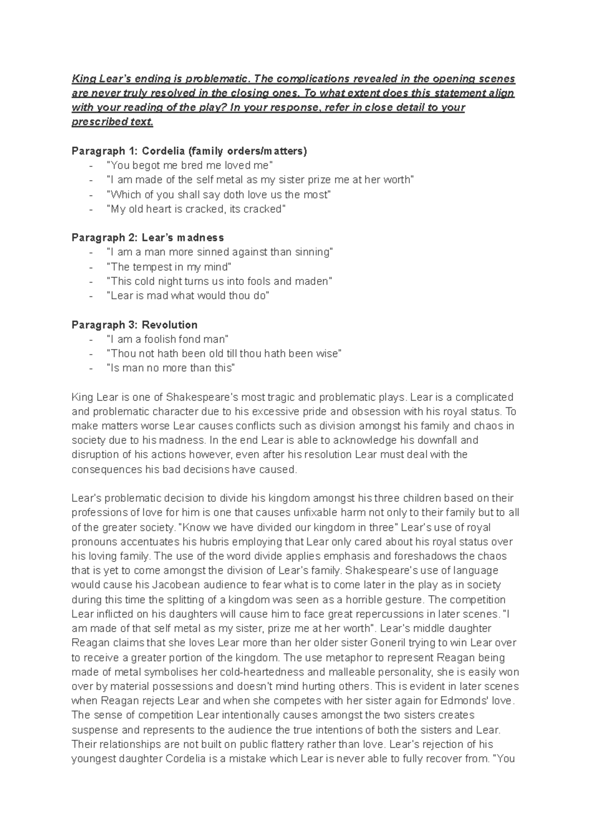 King Lear practise essays - Google Docs - King Lear’s ending is ...