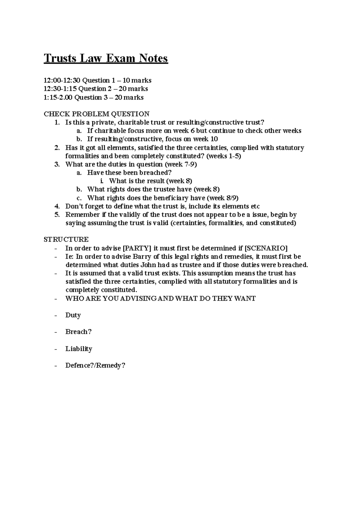 Trusts Law Exam Notes - LAWS2004 - Curtin - Studocu