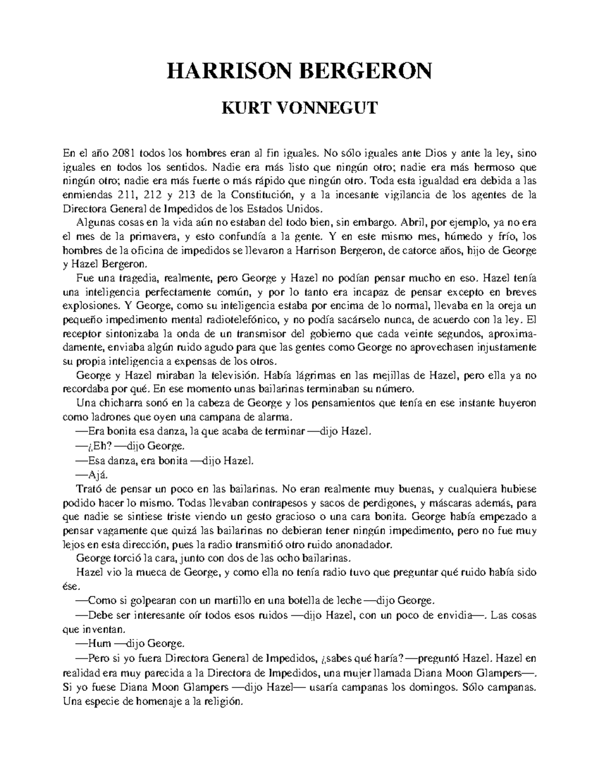 Sobre Harrison Bergeron de Vonnegut Kurt - HARRISON BERGERON KURT ...