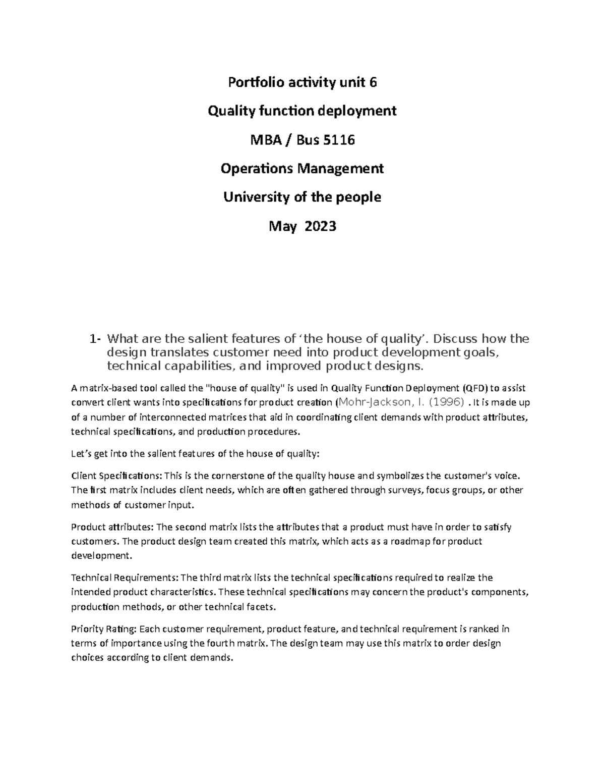 Portfolio activity unit 6 BUS5116 - Portfolio activity unit 6 Quality function deployment MBA ...