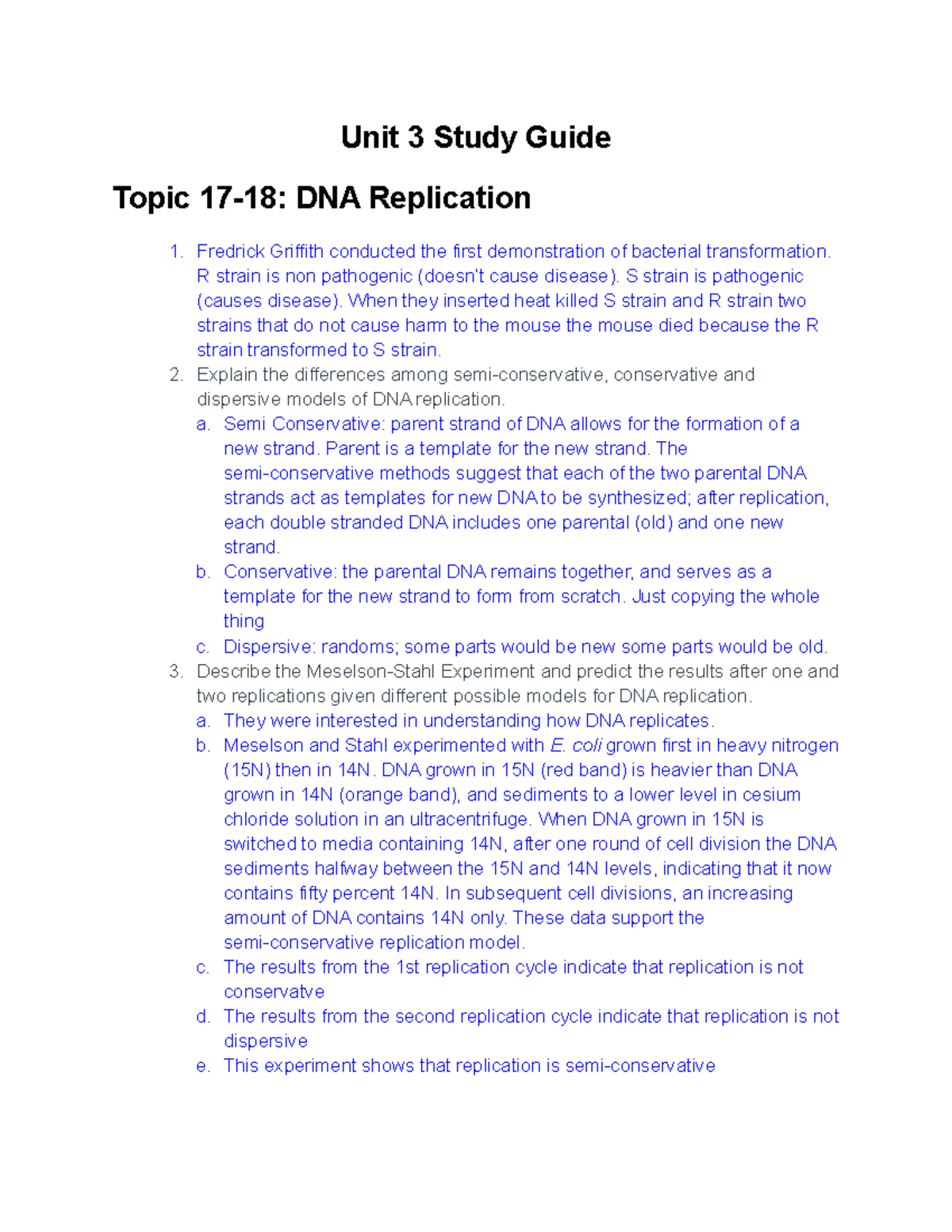 BIO 11A Unit 3 Study Guide - Unit 3 Study Guide Topic 17-18: DNA ...