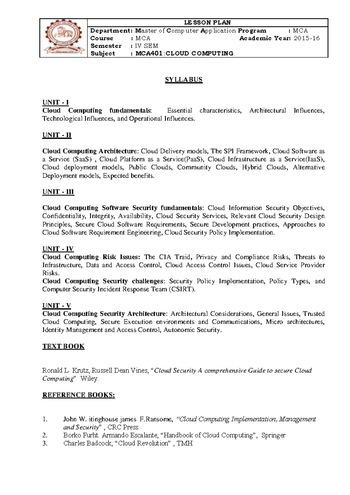 MCA 2015 IV SEM - 👍👍👍 - LESSON PLAN Department: Master of Computer ...