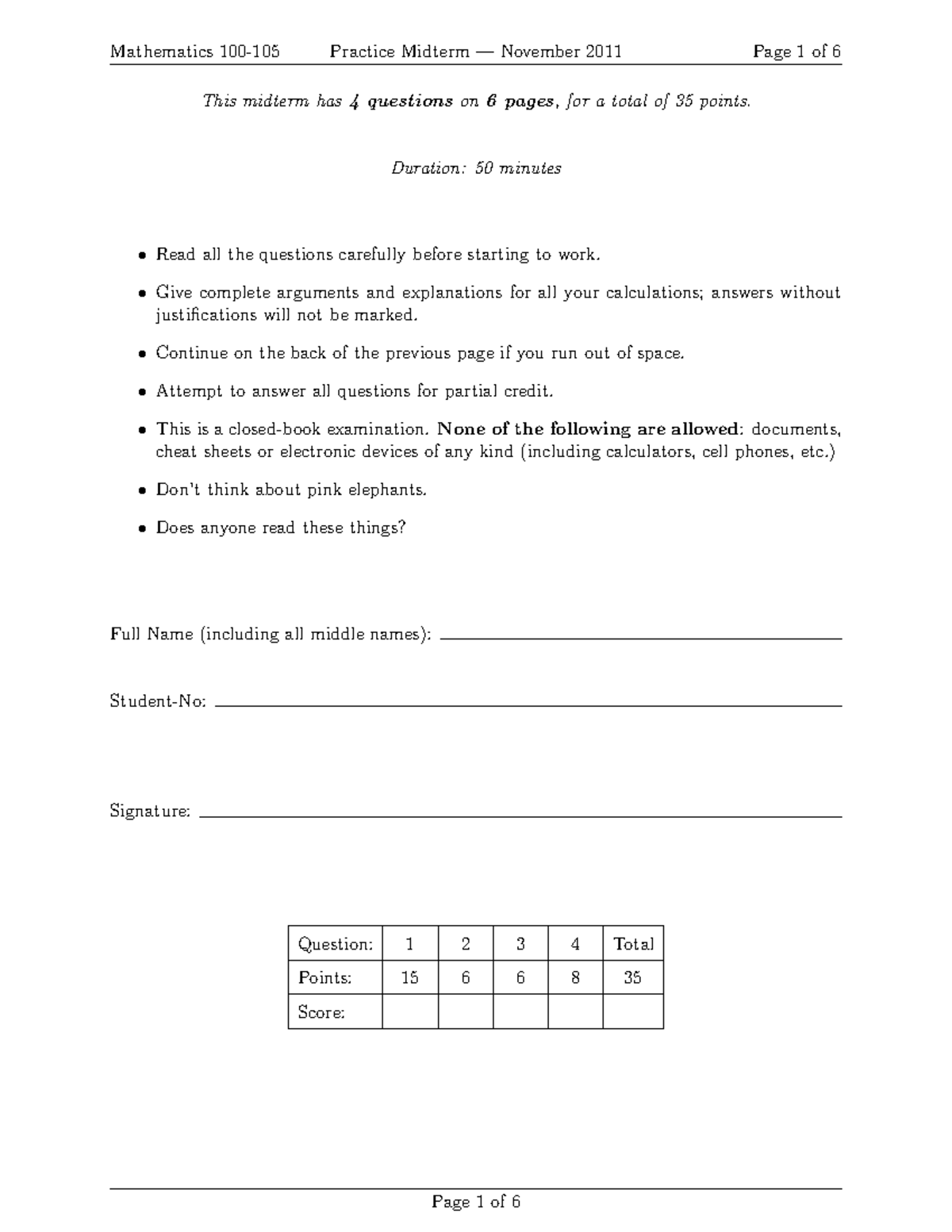 Mt2 practice - midterm - This midterm has 4 questions on 6 pages, for a total of 35 points ...
