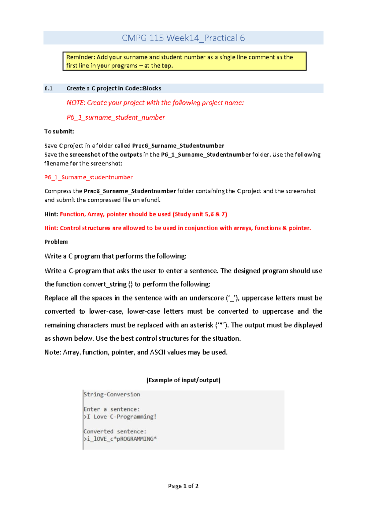 CMPG115 Prac 6B Instructions - Week 14 - Page 1 of 2 CMPG 11 5 Week 14 _Practical 6 Reminder ...
