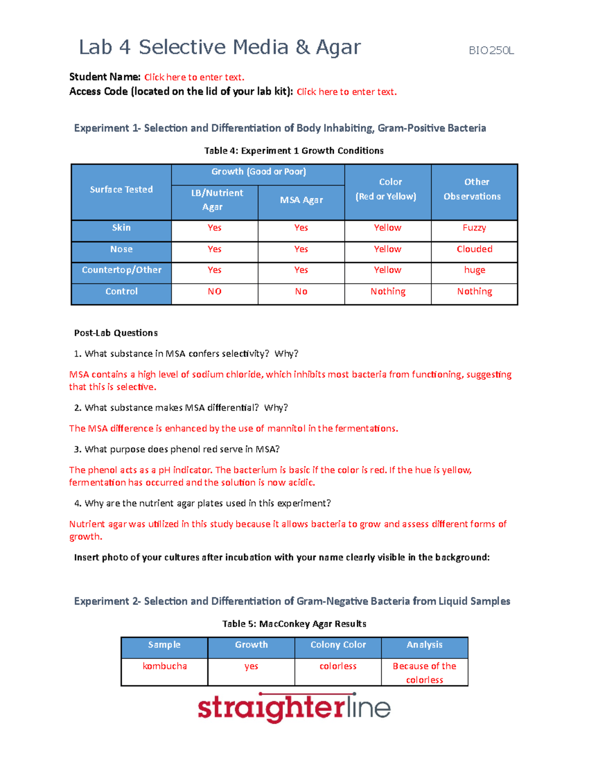 Selective Median AND Culture LAB 4 SBIO250 L - “Lab 4 Selective Media ...