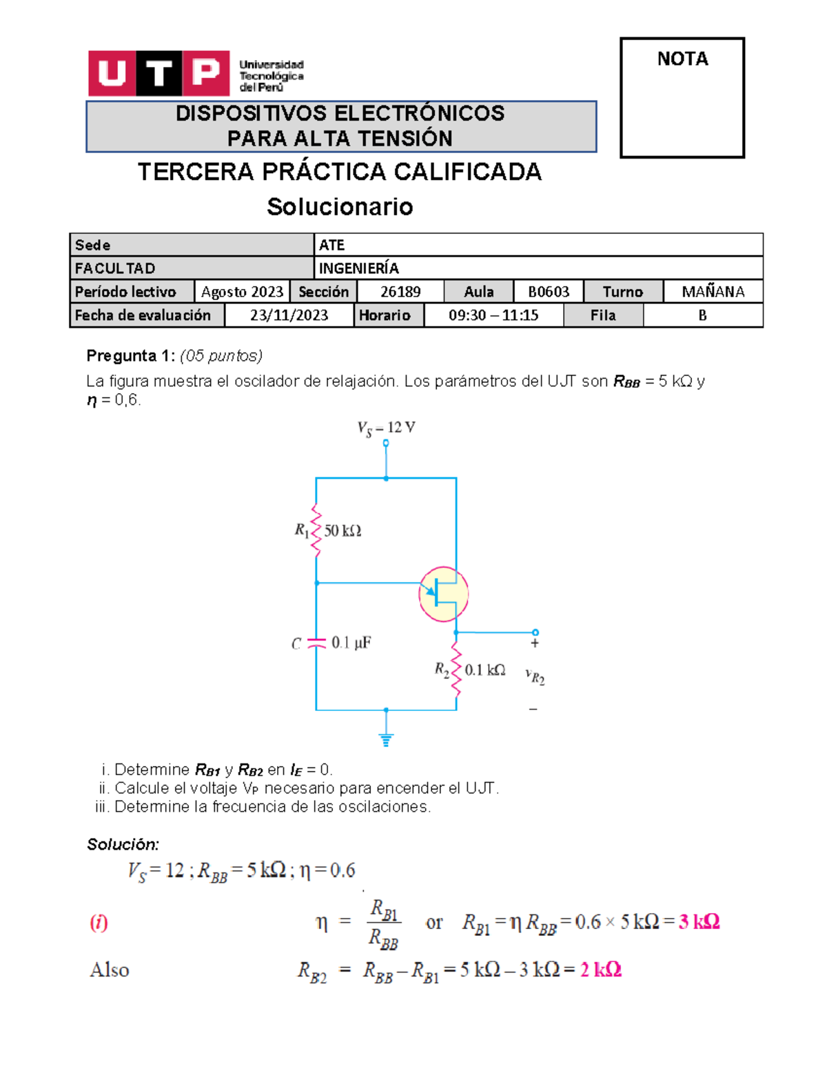 PC3 DEAT 26189 Solucionario Agosto 2023 - DISPOSITIVOS ELECTRÓNICOS PARA ALTA TENSIÓN TERCERA ...