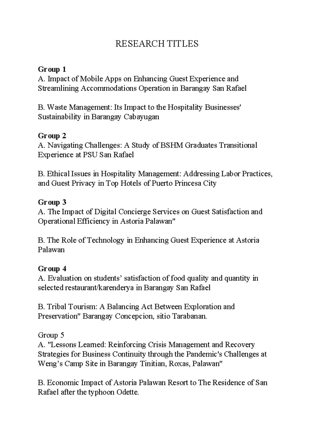 Research Titles HM - wn eq - RESEARCH TITLES Group 1 A. Impact of ...