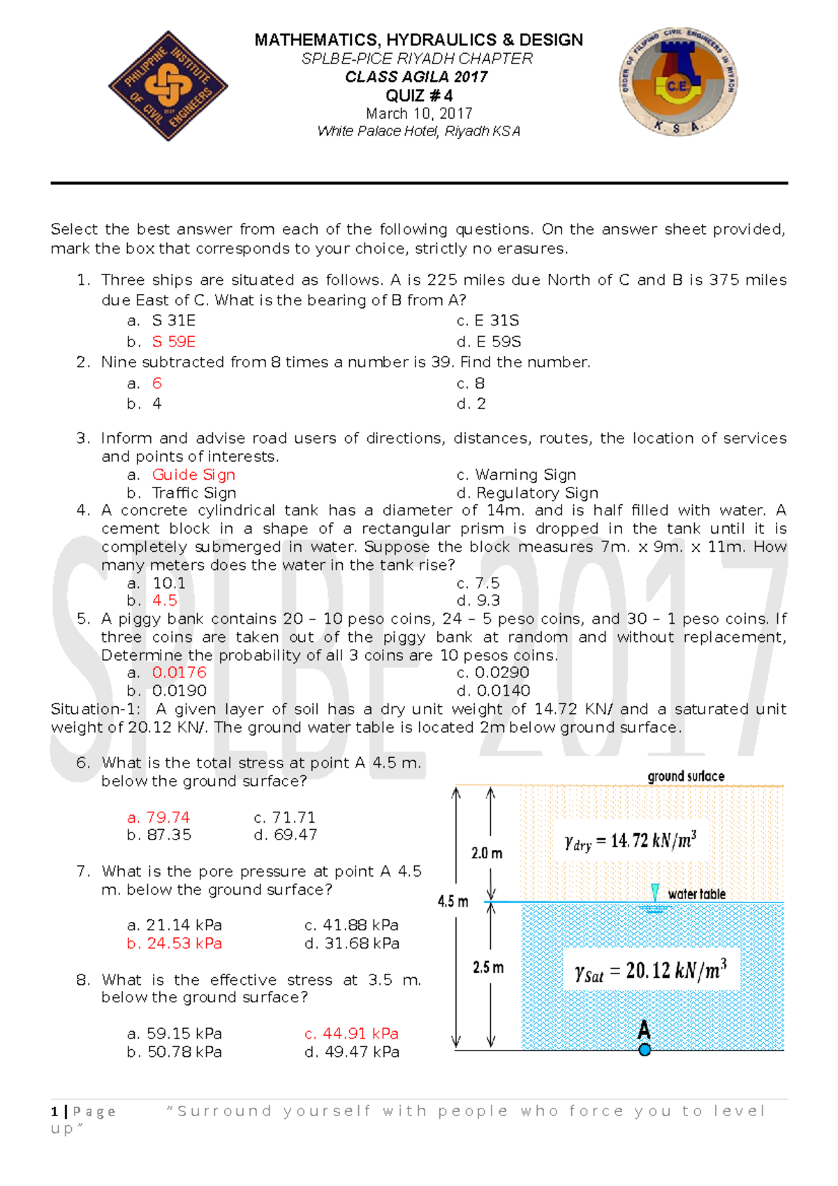 QUIZ#4 Splbe-2017 - For CE Board Exam. - MATHEMATICS, HYDRAULICS ...