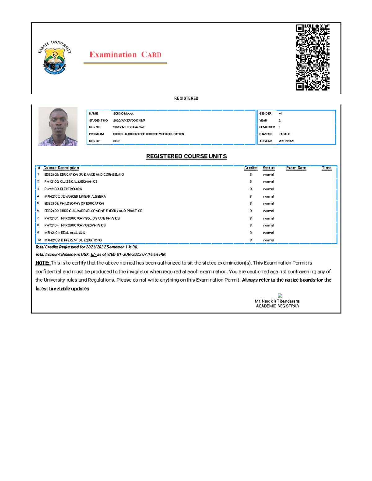 Print Examination Card - REGISTERED NAME SONKO Moses STUDENT NO 2020/A ...