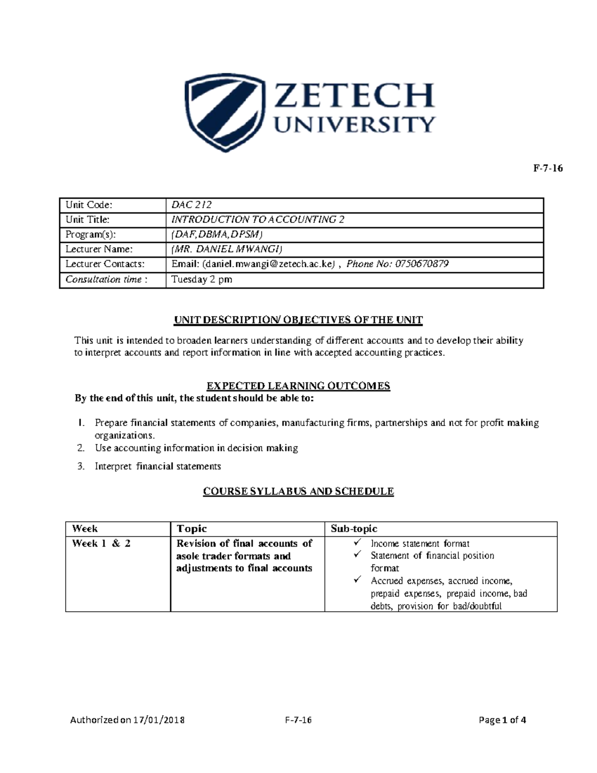 DAC 212 Course Outline - Business mathematics notes - F- 7 - 16 UNIT ...