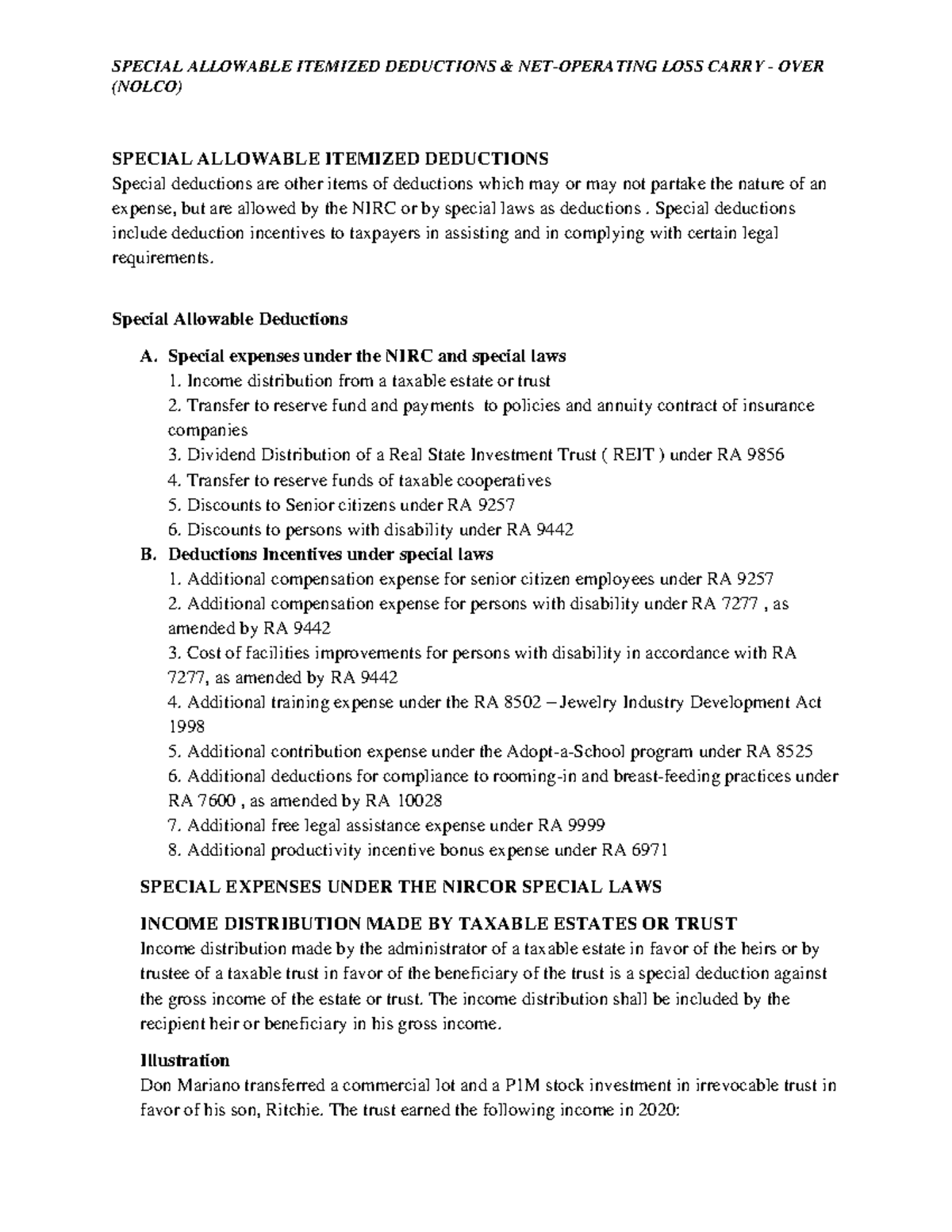 income taxation - (NOLCO) SPECIAL ALLOWABLE ITEMIZED DEDUCTIONS Special ...