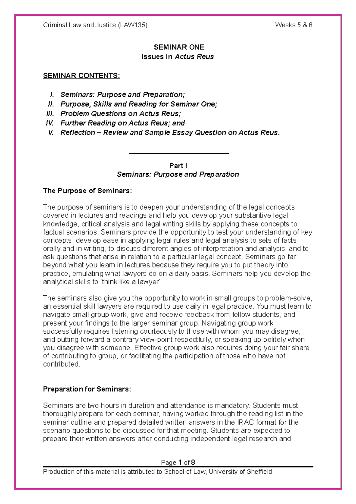 Seminar 1 - Actus Reus - notes - SEMINAR ONE Issues in Actus Reus ...