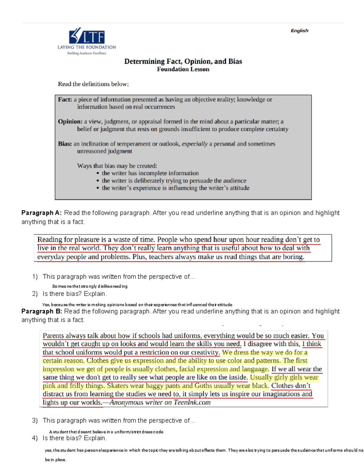 HISTORY BIAS PRACTICE LOOKING FOR BIAS IN TEXT - Paragraph A: Read the ...