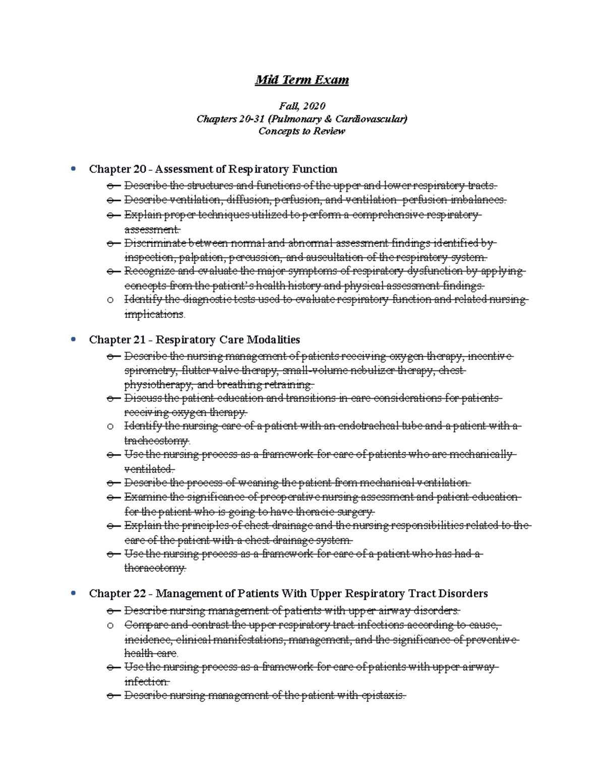 Mid Term Review Objectives - Mid Term Exam Fall, 2020 Chapters 20-31 ...