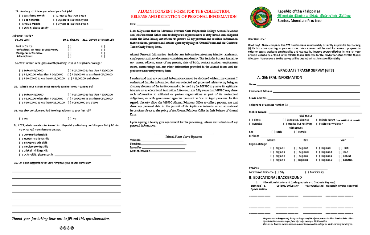 ARJ-Graduate Tracer Survey Form - Republic of the Philippines Mountain ...