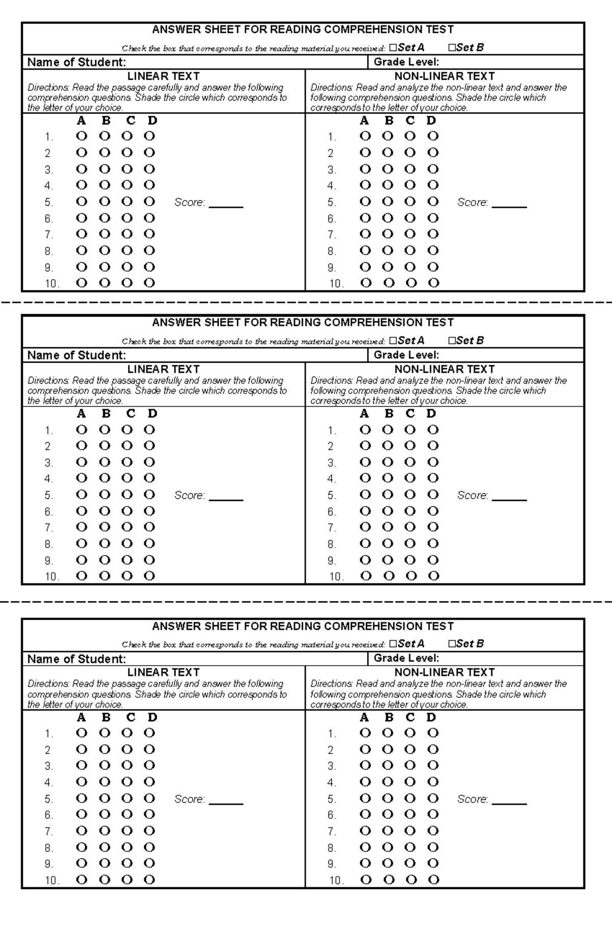 Answer- Sheet - AAAAAA - ANSWER SHEET FOR READING COMPREHENSION TEST ...