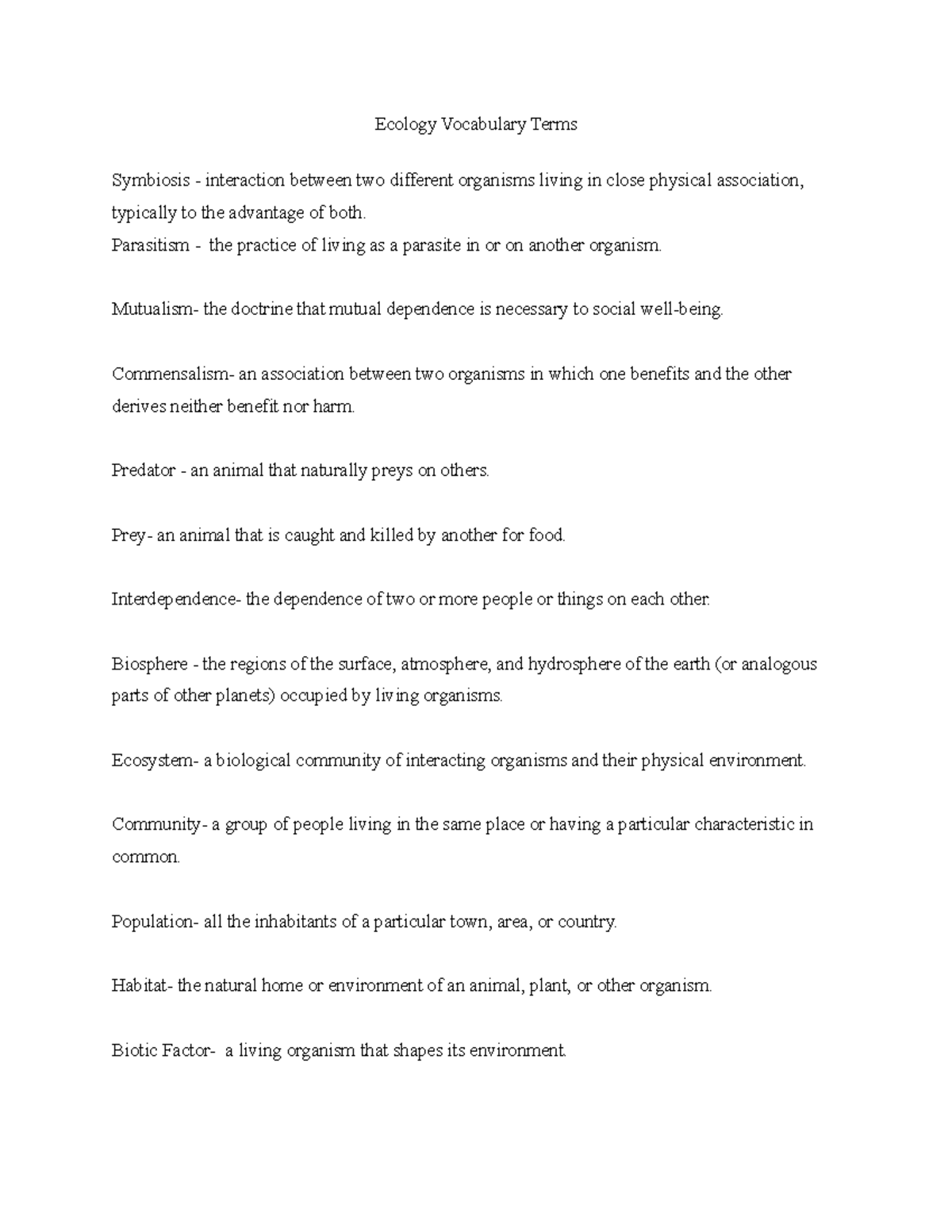 Ecology Vocabulary Terms - Ecology Vocabulary Terms Symbiosis ...