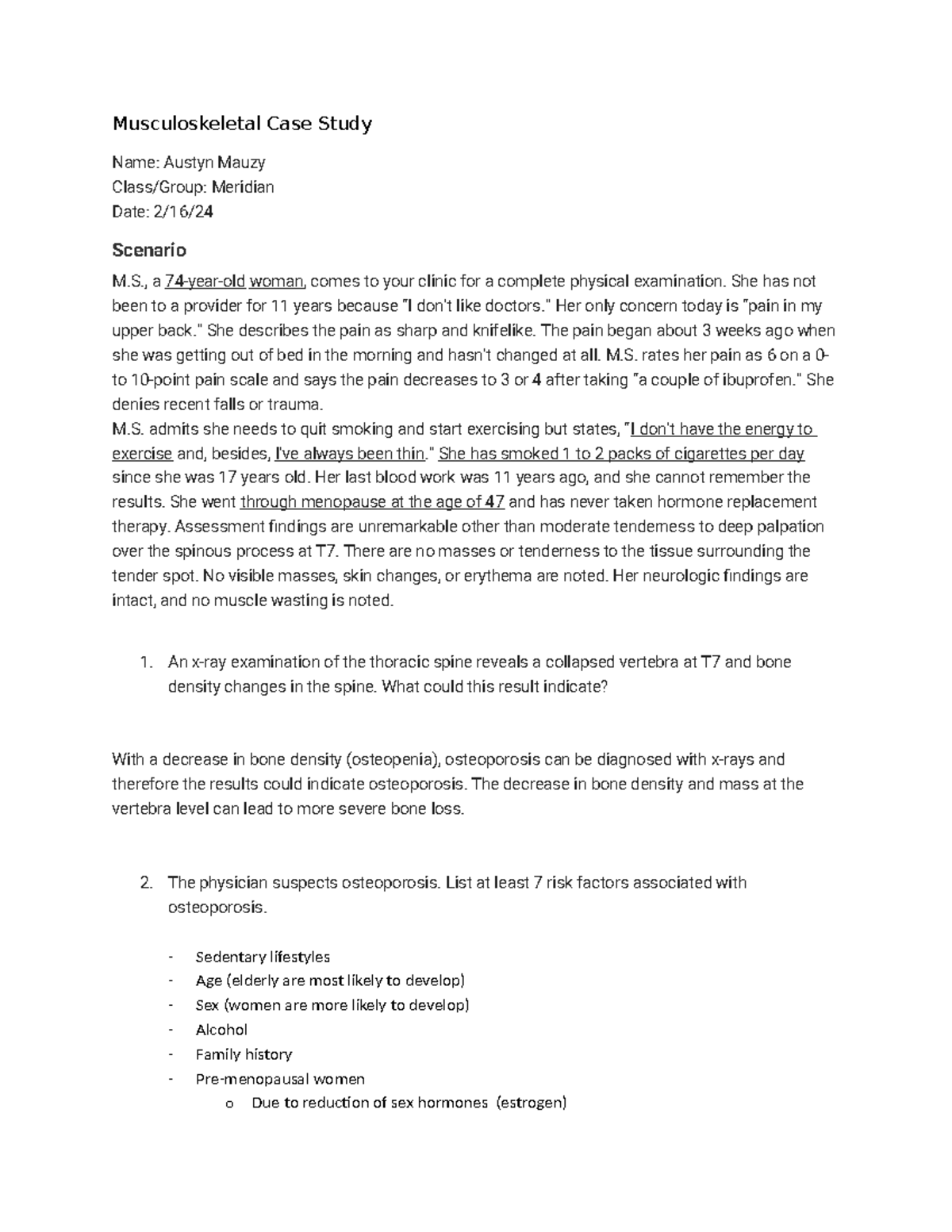 Musculoskeletal Case Study - Musculoskeletal Case Study Name: Austyn ...