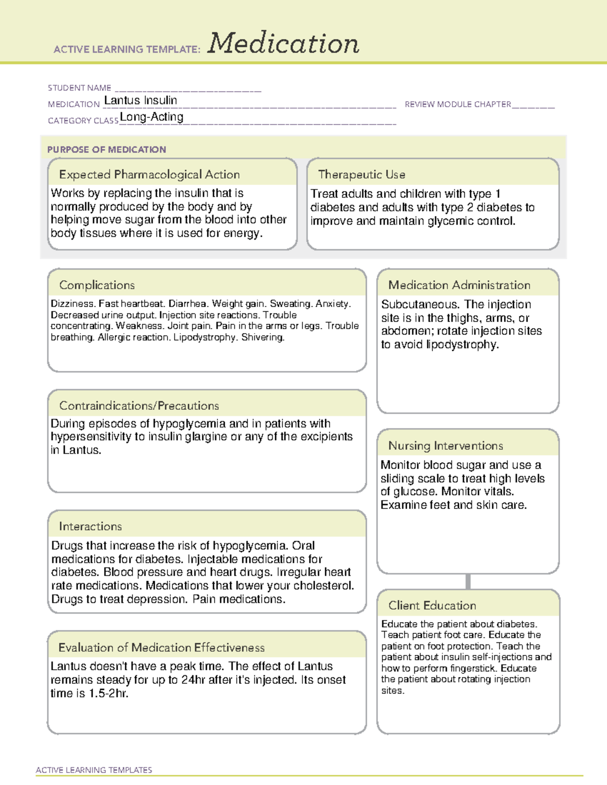 Lantus - ACTIVE LEARNING TEMPLATES Medication STUDENT NAME