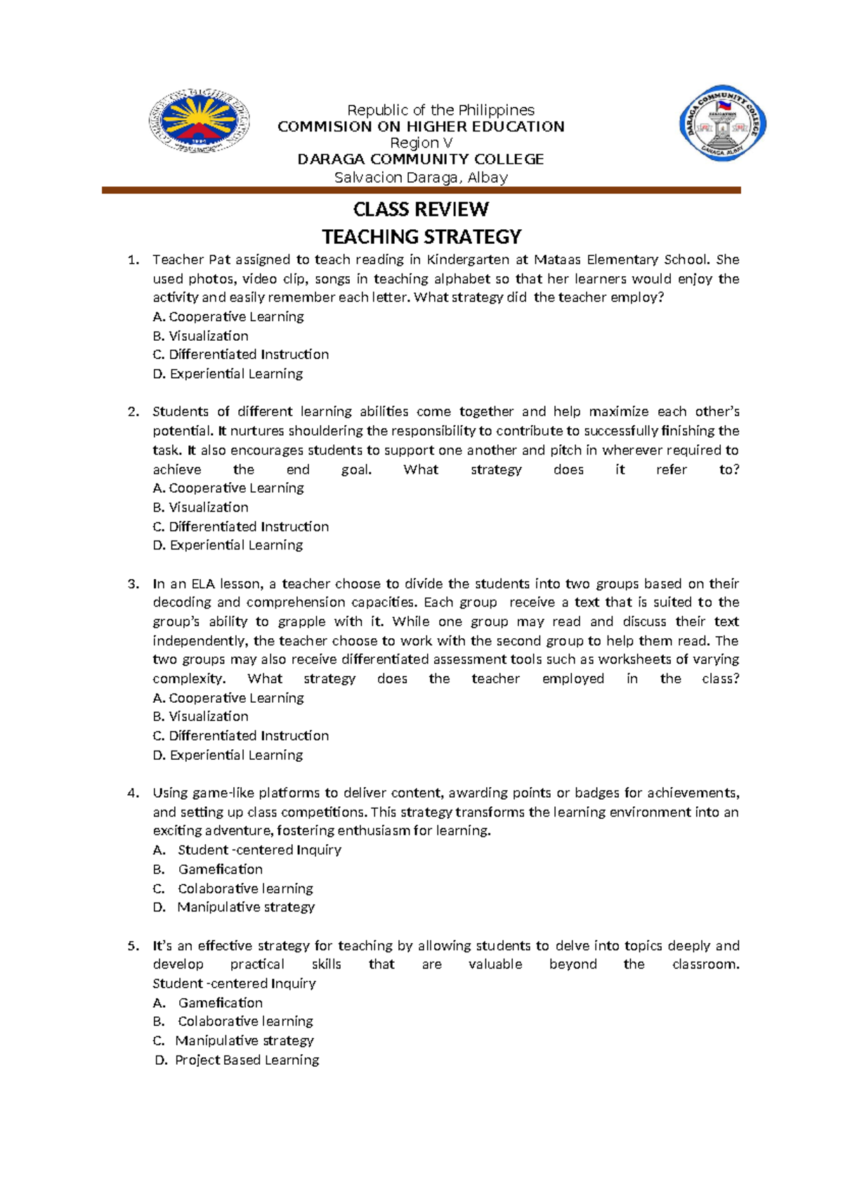 Teaching Strategy Review Blank - Republic of the Philippines COMMISION ...