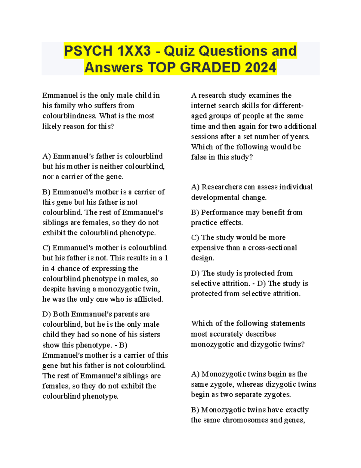 Psych 1XX3 - Quiz Questions and Answers - PSYCH 1XX3 - Quiz Questions ...