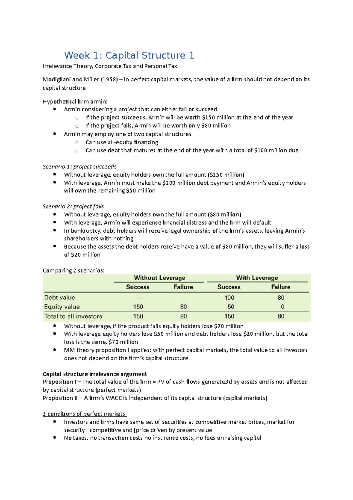 W1 - Capital Structure I notes - Week 1: Capital Structure 1 ...