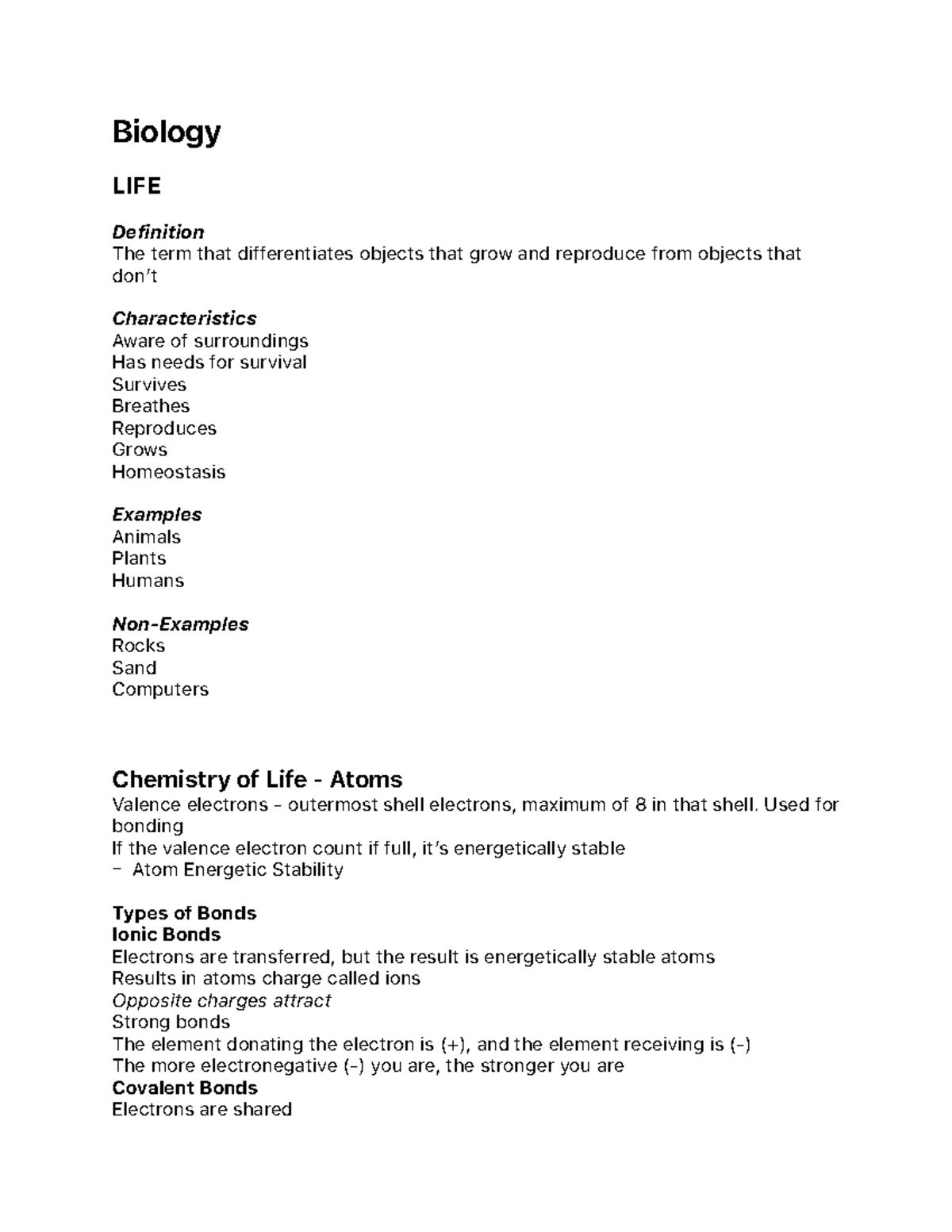 BIOL Week 1 - Biology and the Citizen notes on life (the chemistry of ...