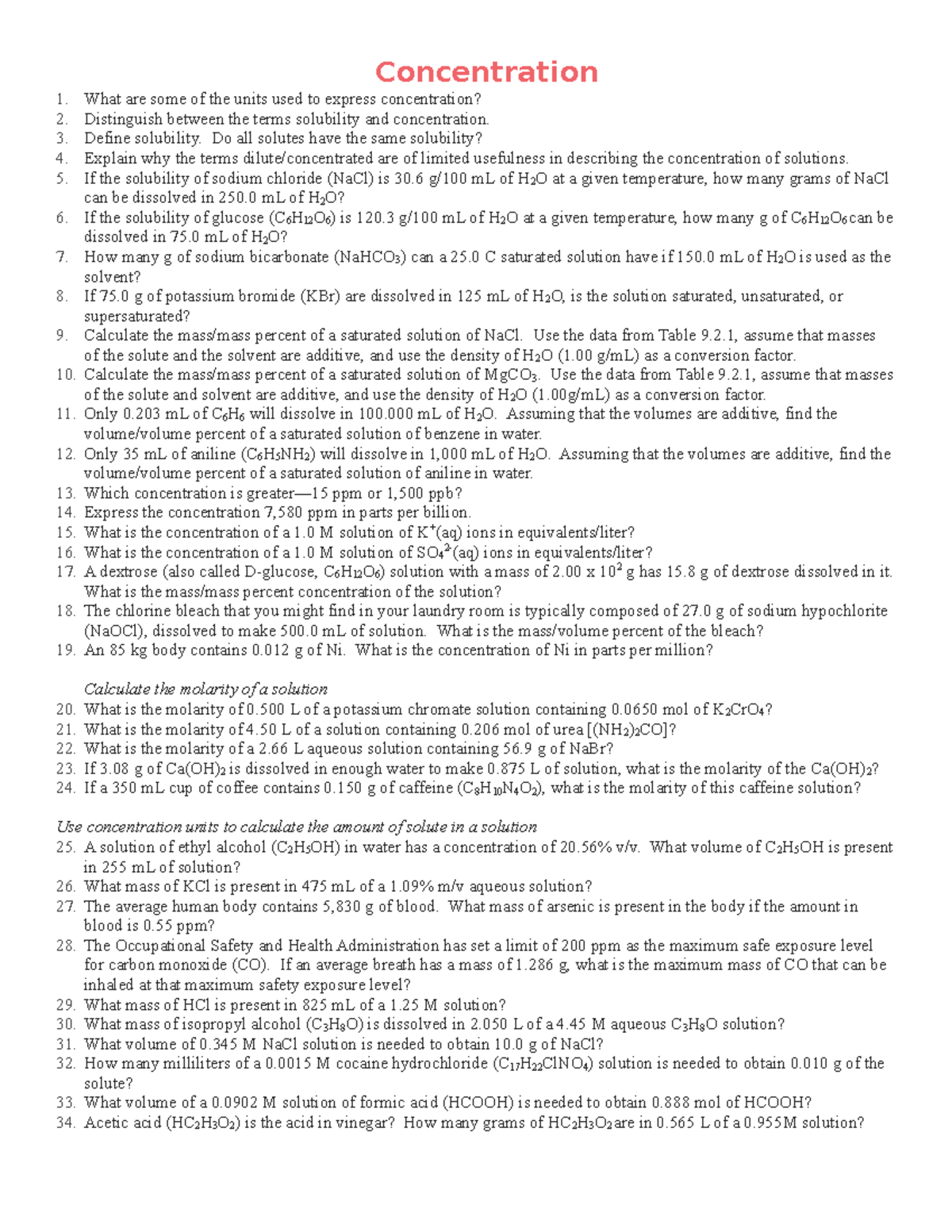 Section 9.2 Worksheet - practice questions - Concentration What are ...