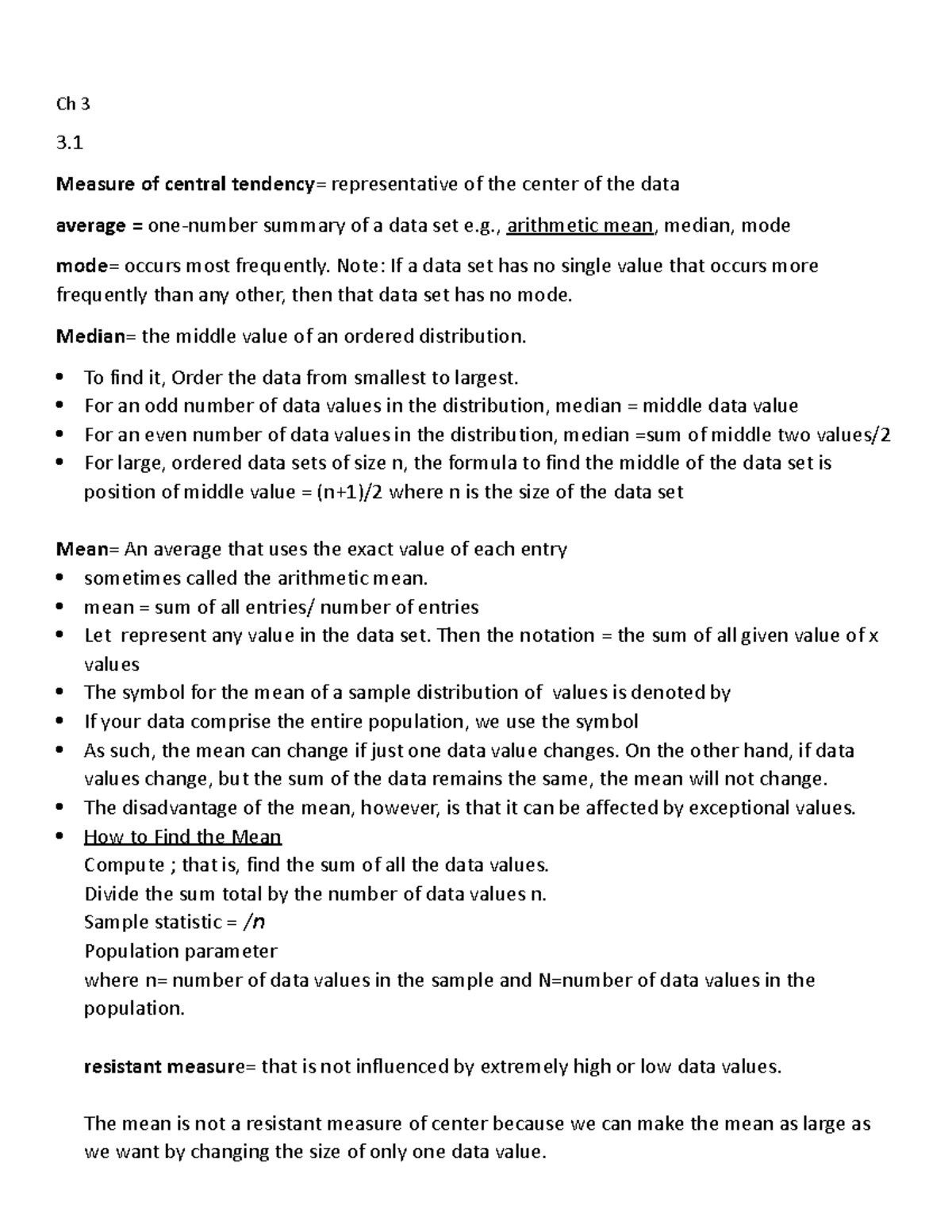 Ch 3 - intro to stat - Ch 3 Measure of central tendency= representative ...
