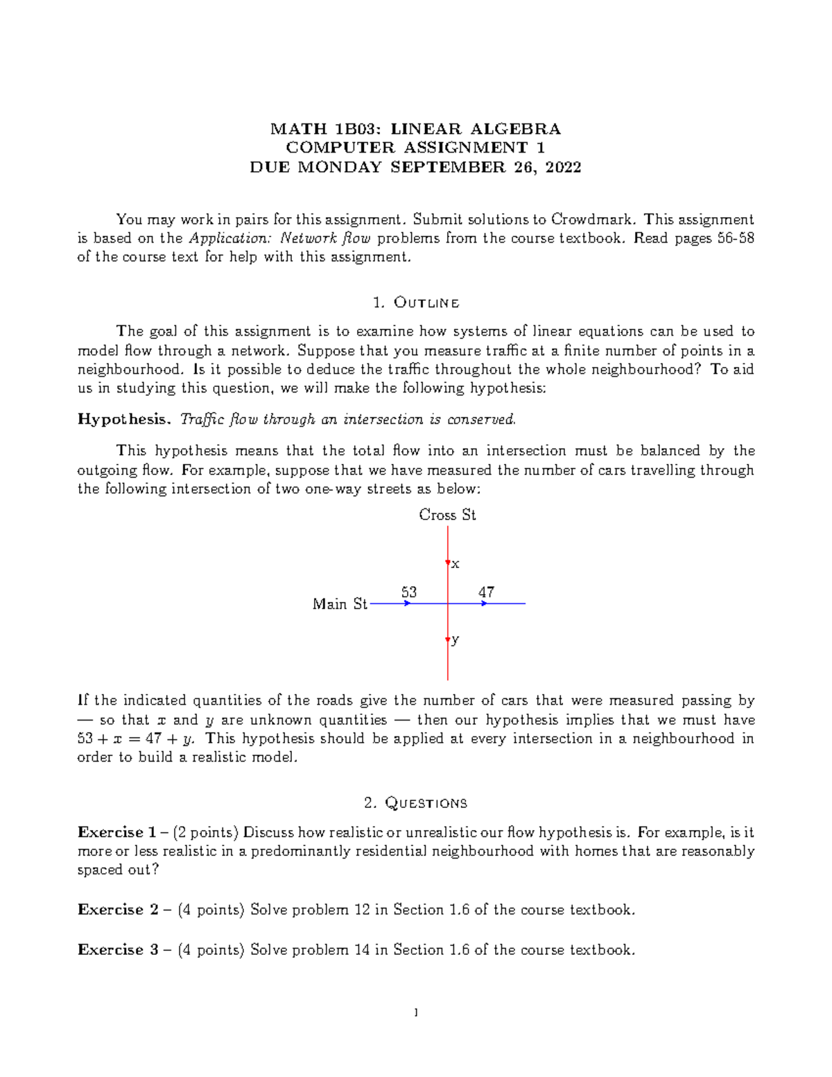 Math 1b03 Computer Assignment 1 Fall 2022 Math 1b03 Linear Algebra Computer Assignment 1 Due