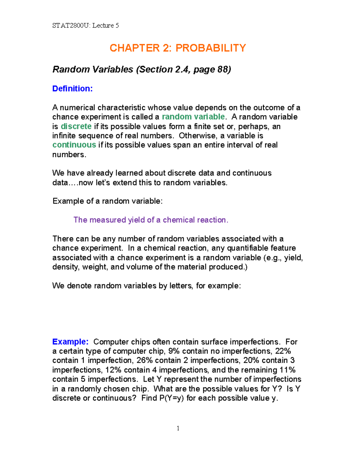 Lec5 blank - lec - CHAPTER 2: PROBABILITY Random Variables (Section 2, page 88) Definition: A ...
