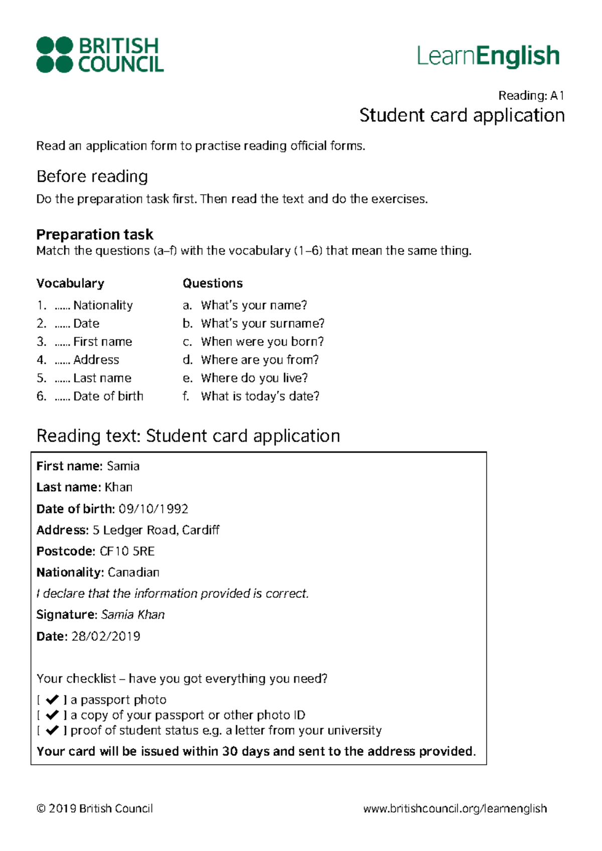 Learn English Reading A1 Student card application - © 2019 British ...