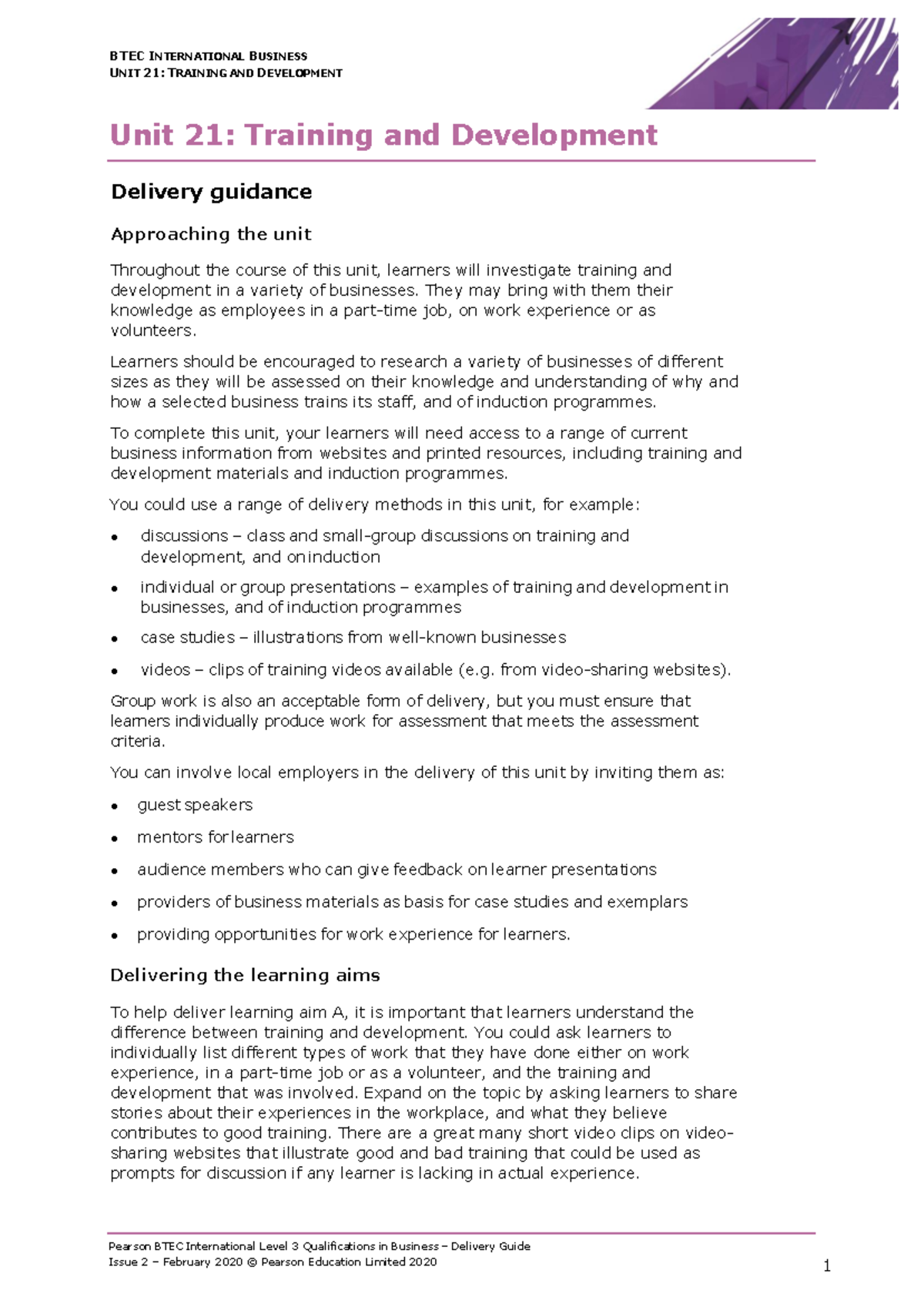 Unit 21 TD Specification - UNIT 21: TRAINING AND DEVELOPMENT Pearson ...