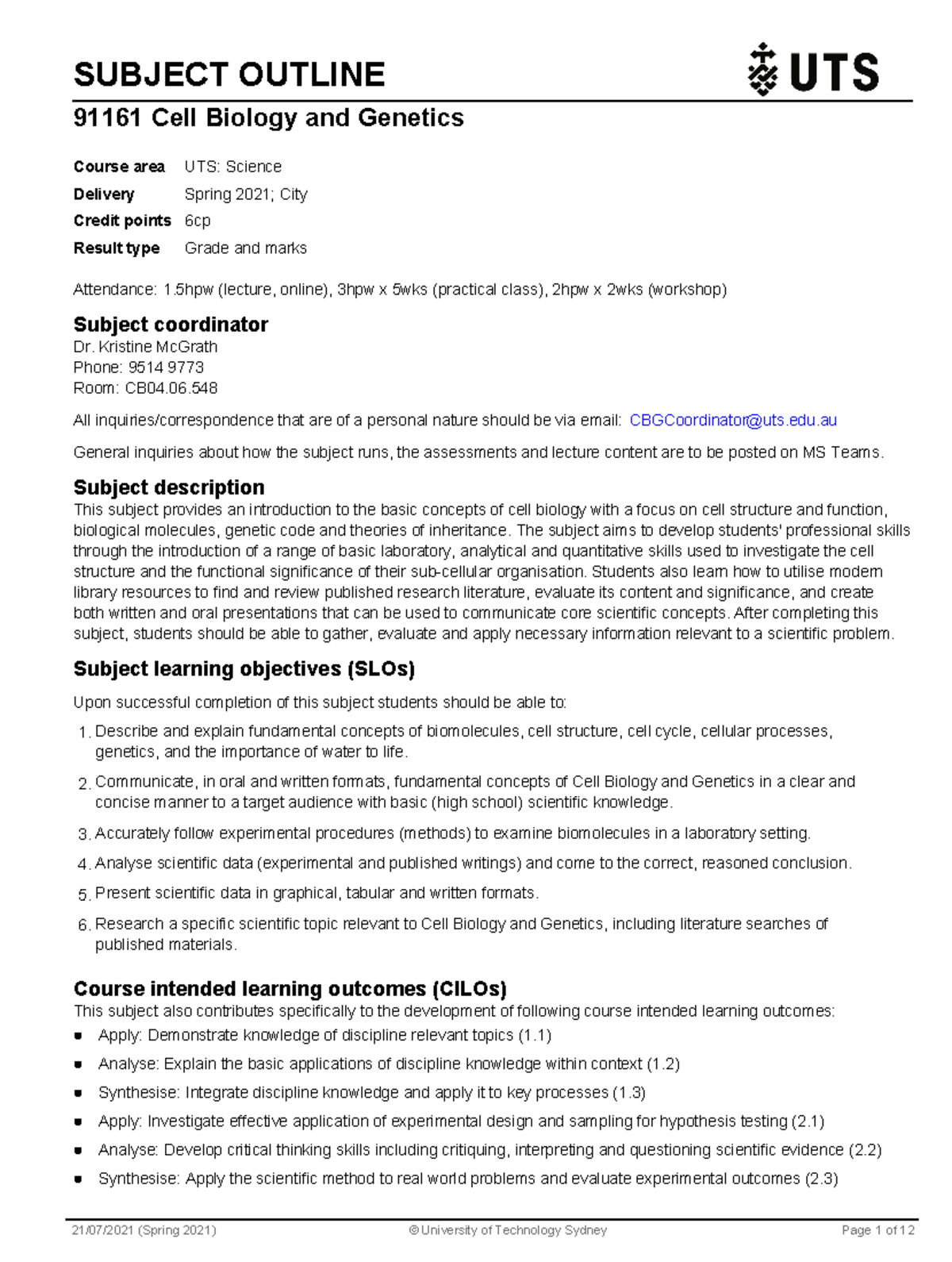Chemisty 1 Notes - SUBJECT OUTLINE 91161 Cell Biology and Genetics ...