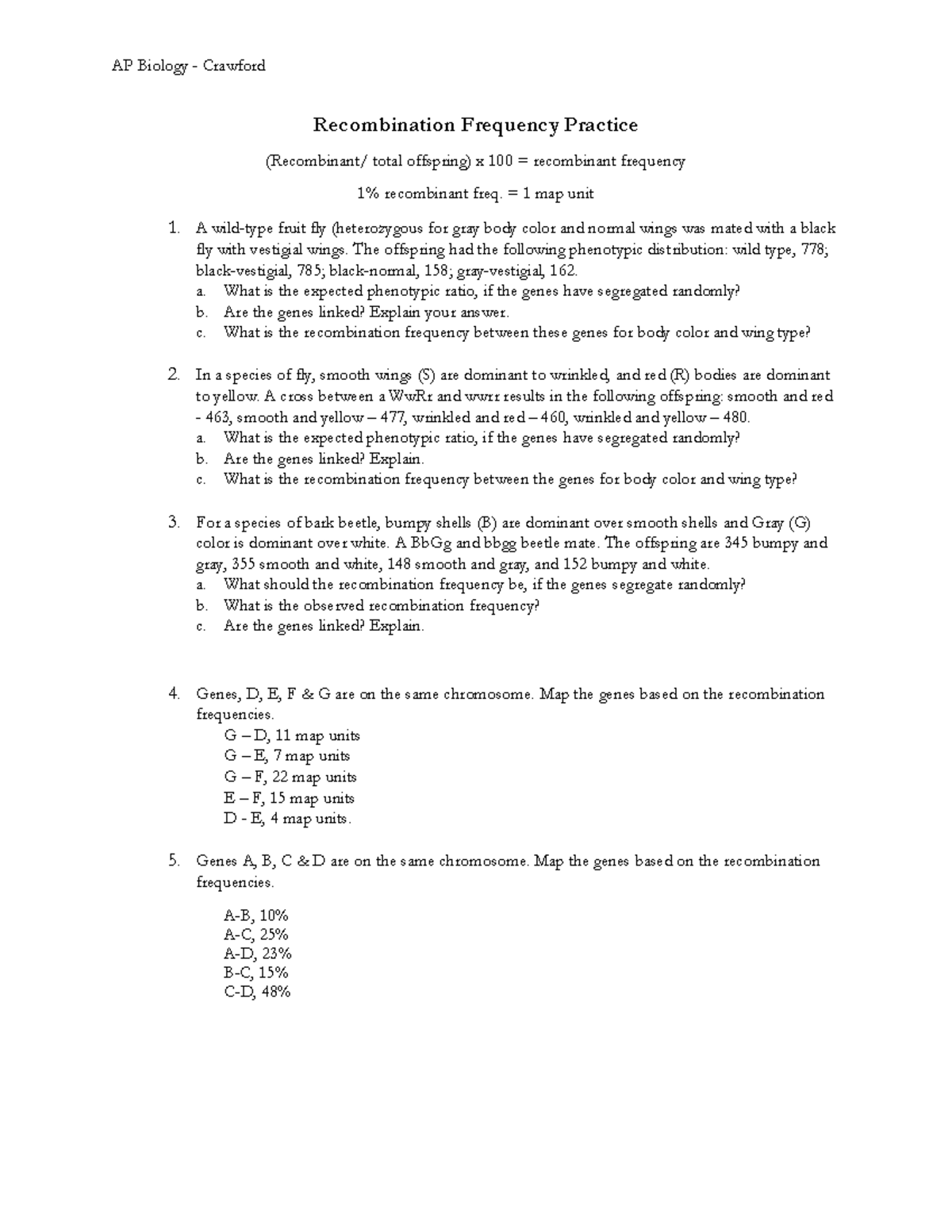 Recombination Frequency Practice - AP Biology - Crawford Recombination ...