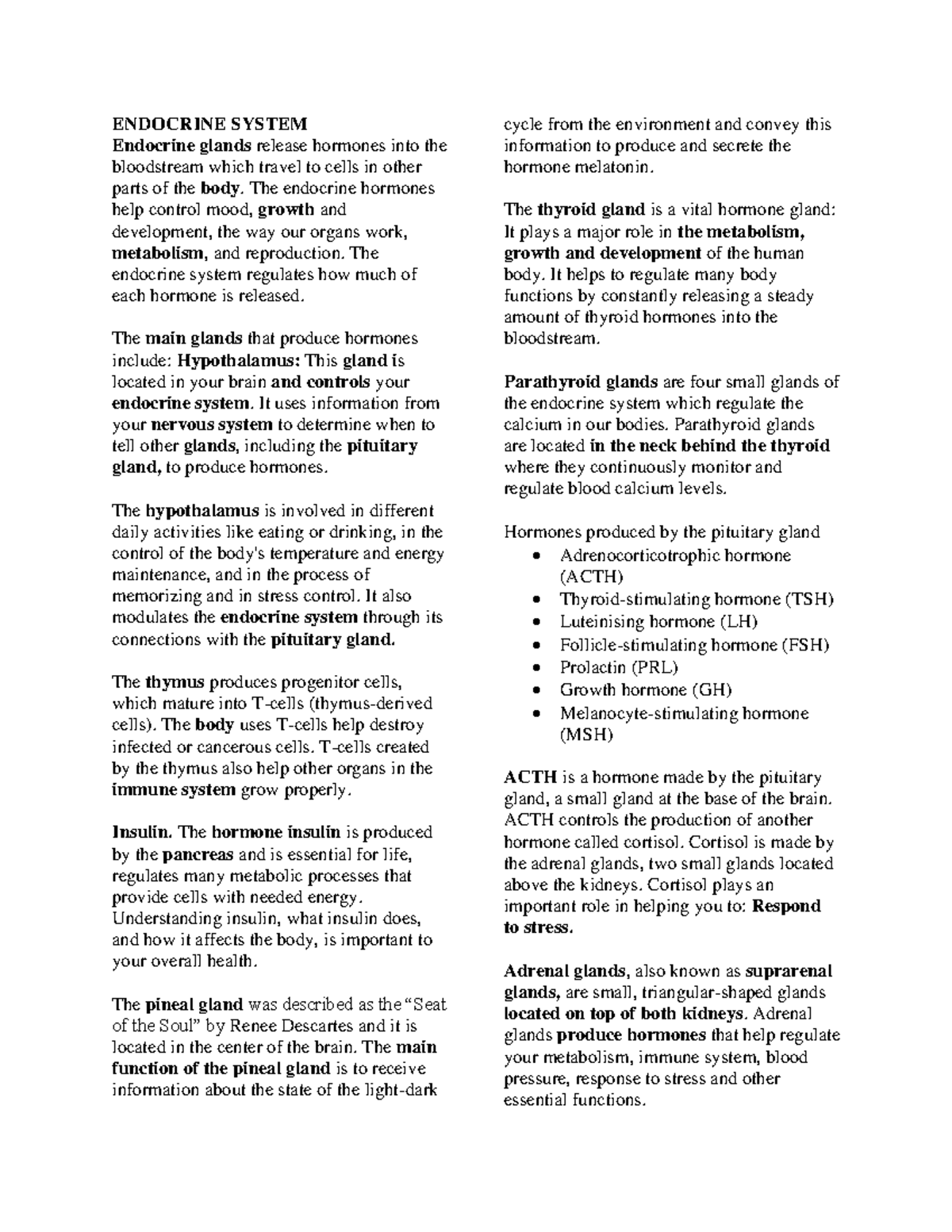 Endocrine- System- Notes - ENDOCRINE SYSTEM Endocrine glands release ...