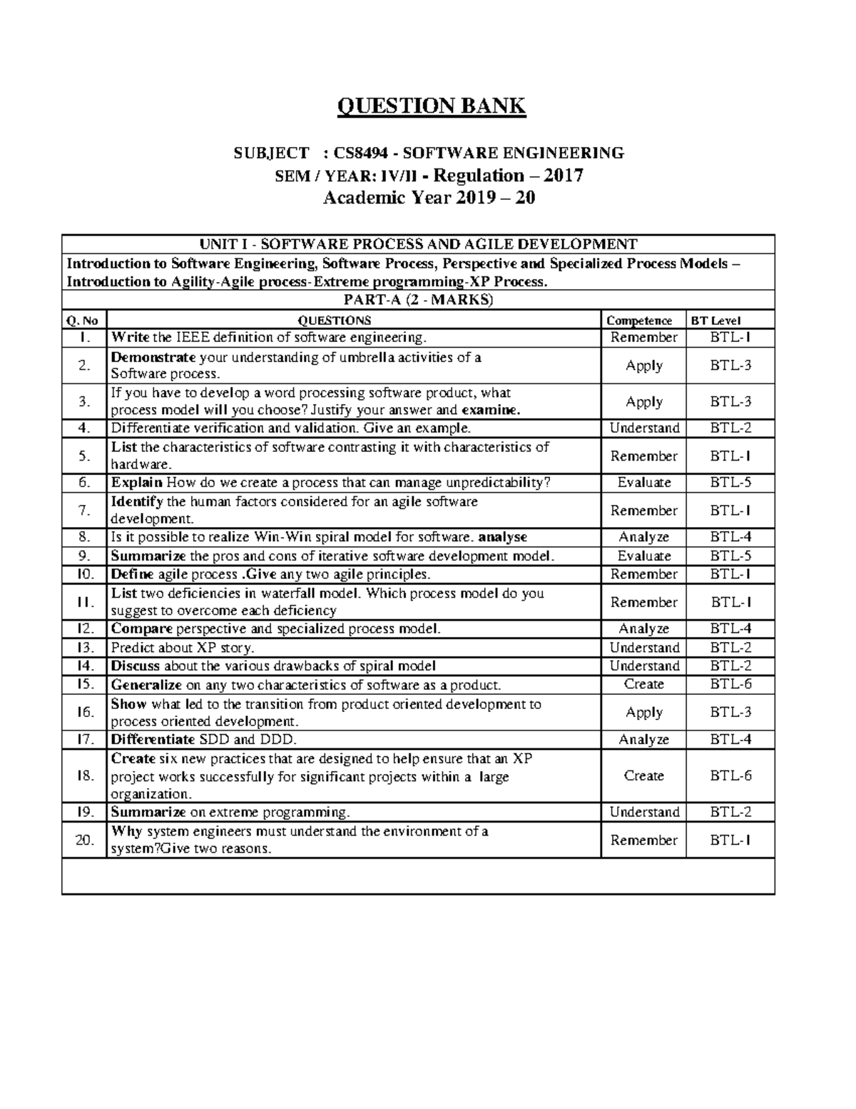 CS8494-Software Engineering - QUESTION BANK SUBJECT : CS8494 - SOFTWARE ENGINEERING SEM / YEAR ...