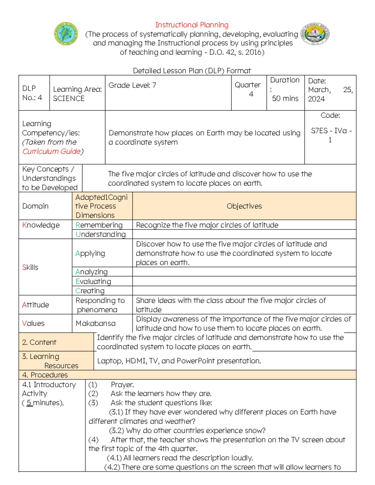 DLP ( Locating Places OF THE Earth) - Instructional Planning (The ...