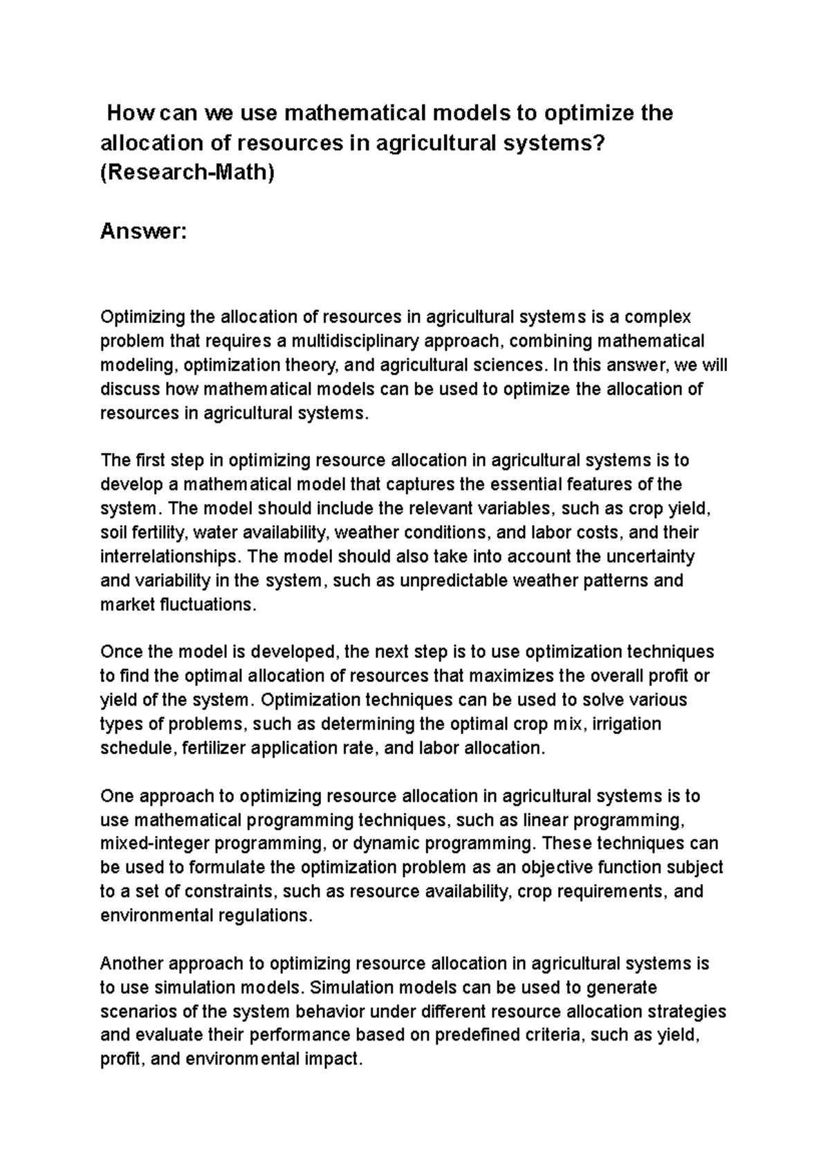 How can we use mathematical models to optimize the allocation of resources in agricultural ...