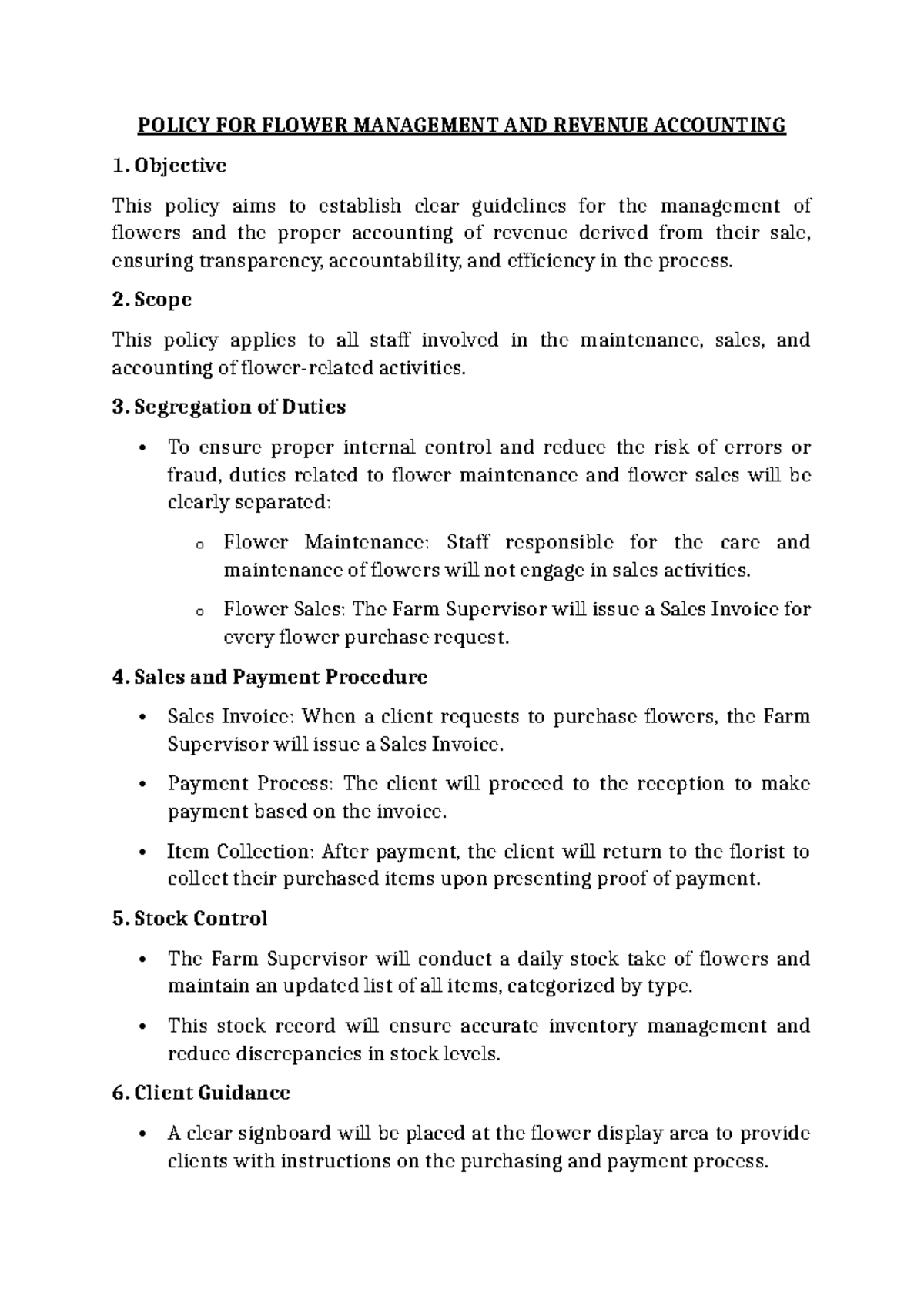 Flower Policy - POLICY FOR FLOWER MANAGEMENT AND REVENUE ACCOUNTING 1 ...