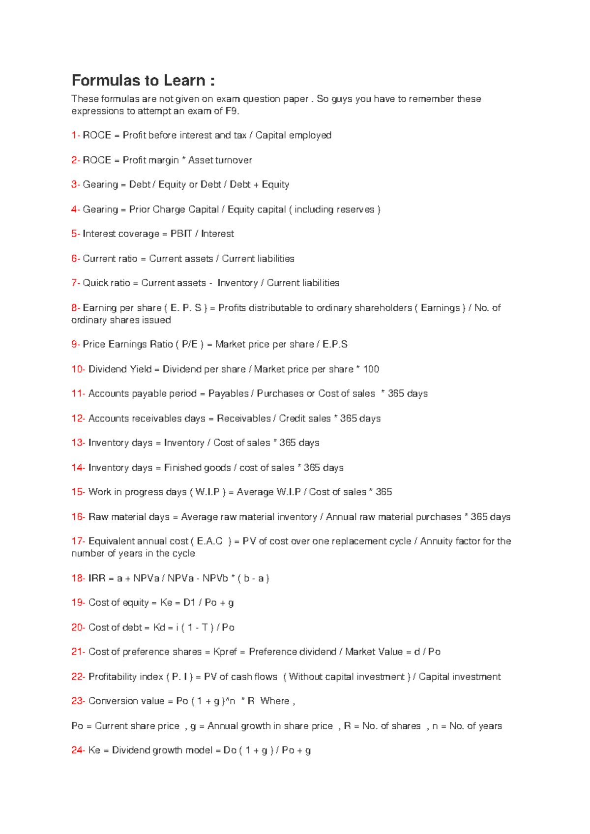 Formulas to Learn - So guys you have to remember these expressions to ...