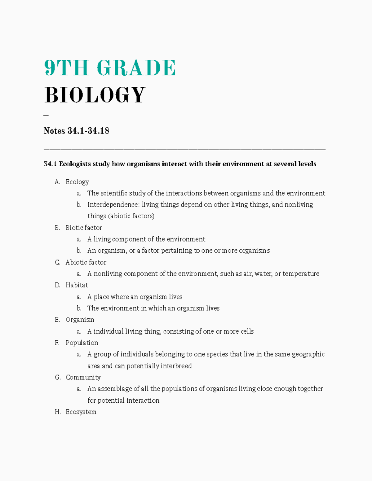 Bio Notes Chapter 34 - Ecology - 9TH GRADE BIOLOGY __ Notes 34-34 ...