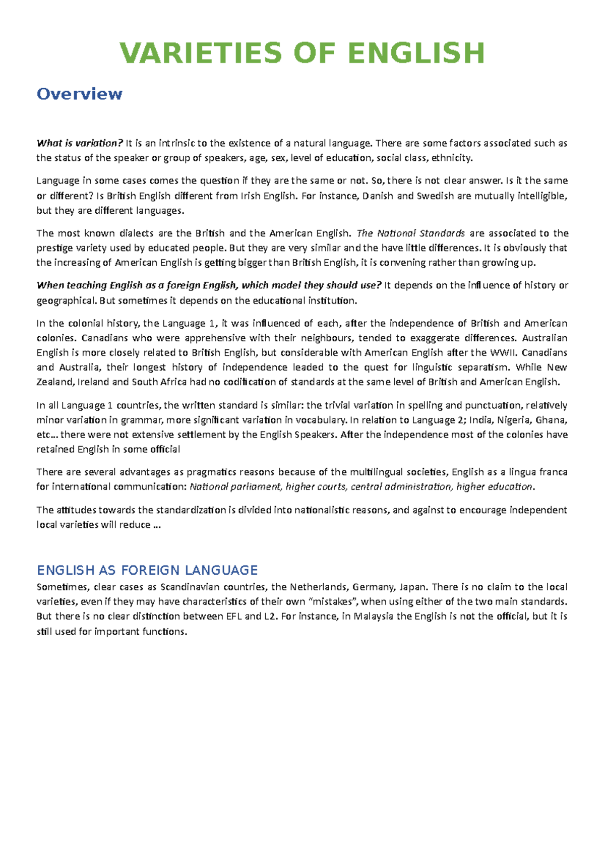 Variedades del Inglés Notes - VARIETIES OF ENGLISH Overview What is ...