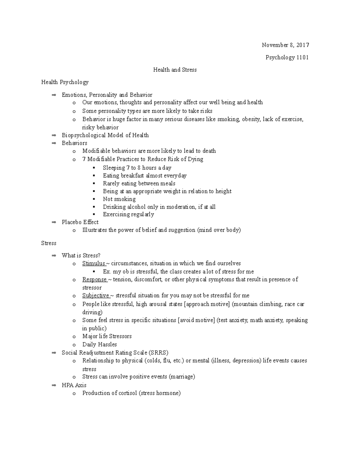 Health and Stress - November 8, 2017 Psychology 1101 Health and Stress ...