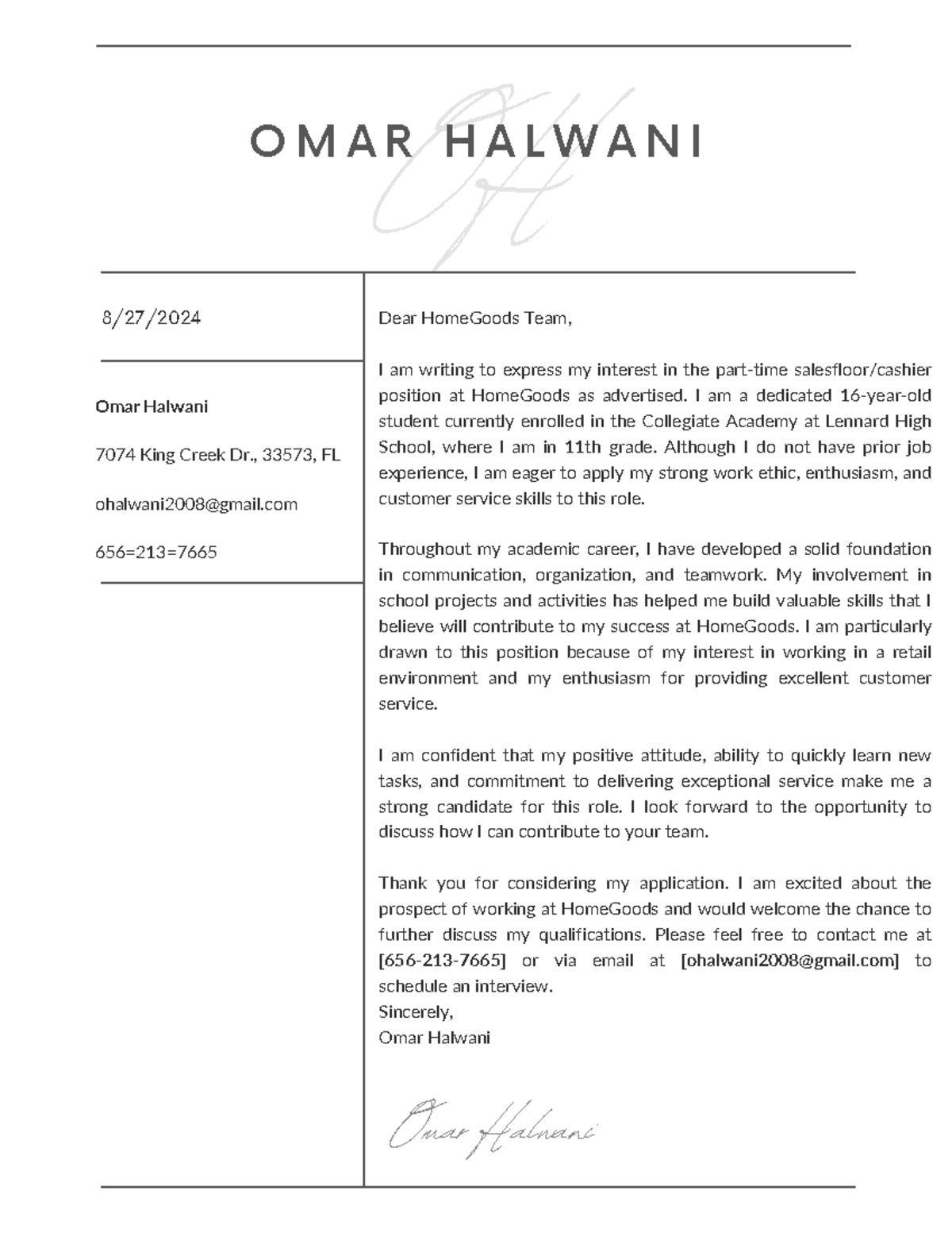 Cover Letter for English Comp 1 - OH O M A R H A L W A N I Omar Halwani ...