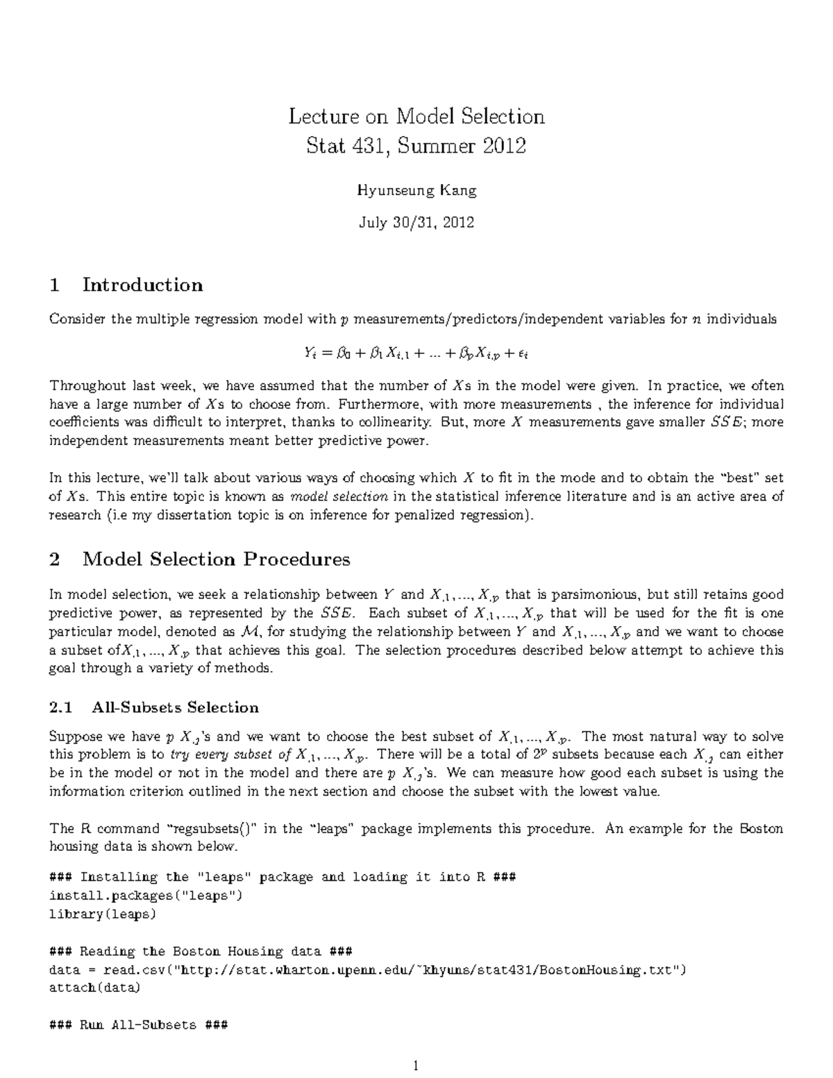 Summary - Lecture on model selection - Lecture on Model Selection Stat ...