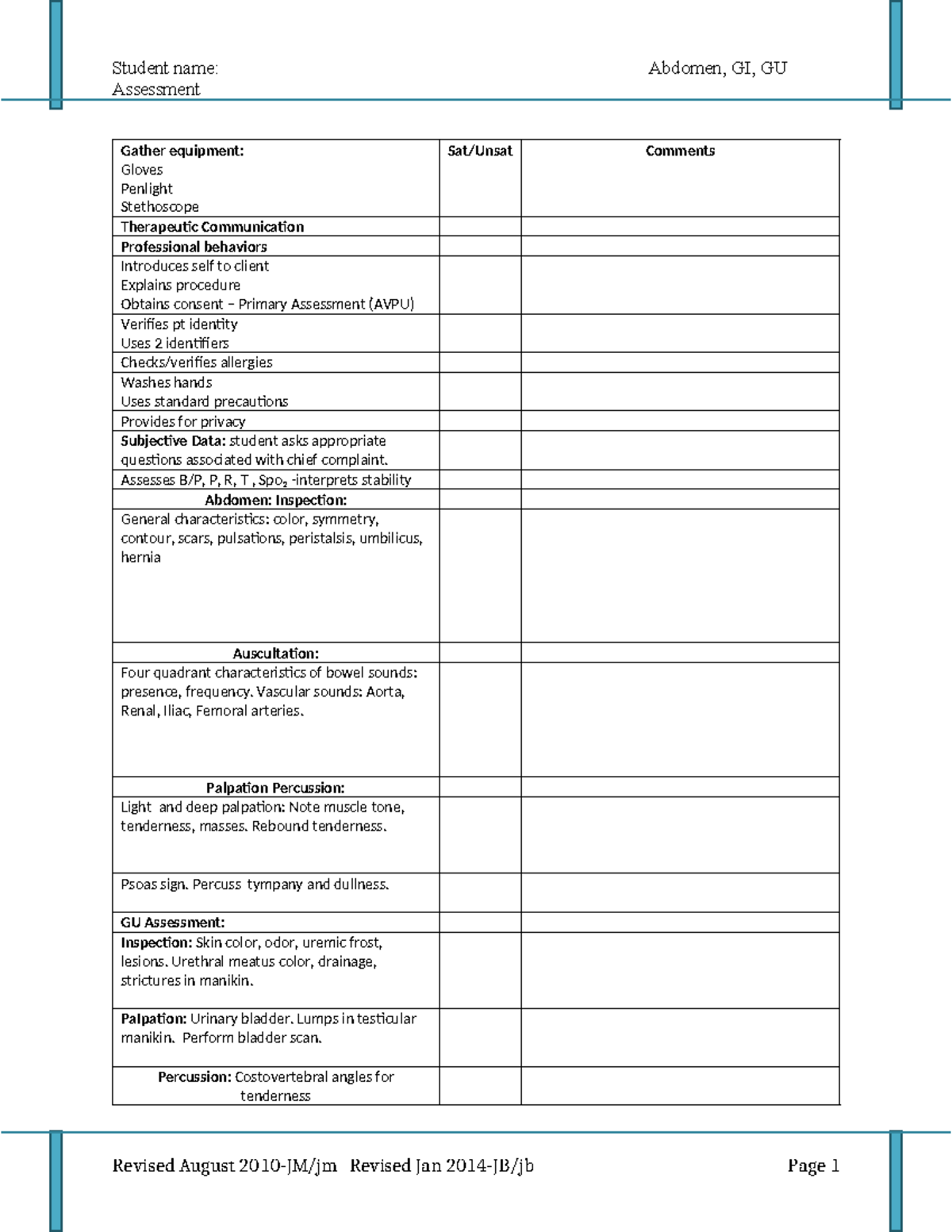 Abdominal, GI, GU Assessment - Student name: Abdomen, GI, GU Assessment ...